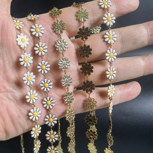 1 Meter Gold Plated Brass Chain , 10mm White Daisy Charm Chain , Enamel ...