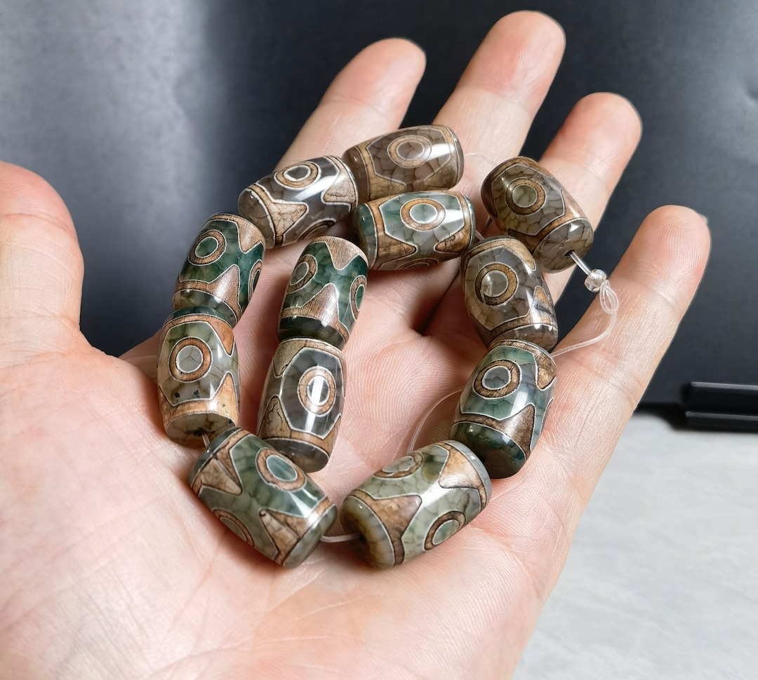 14x21mm Ancient Green Dzi Drum Beads ,12pcs Agate Barrel Beads ,3 Eye ...