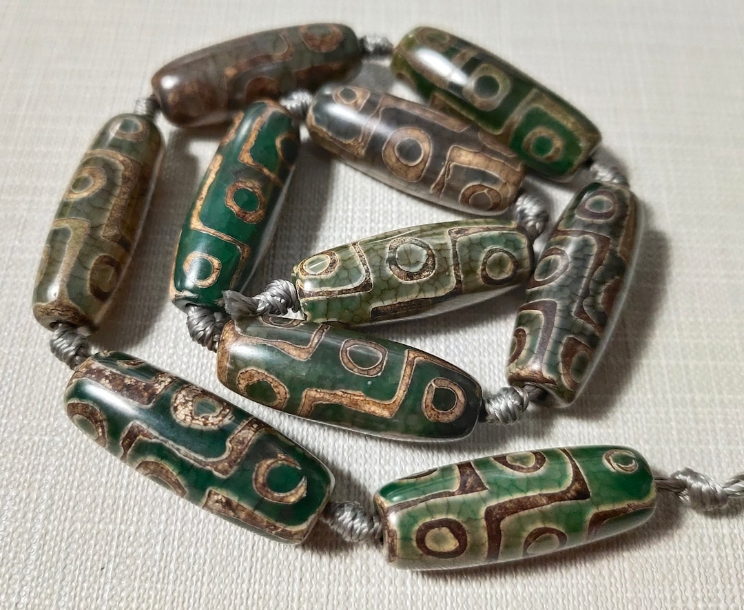 10 Green Tibetan Dzi Beads ,agate Dzi Beads ,10x30mm 9 Eye Dzi Beads ...