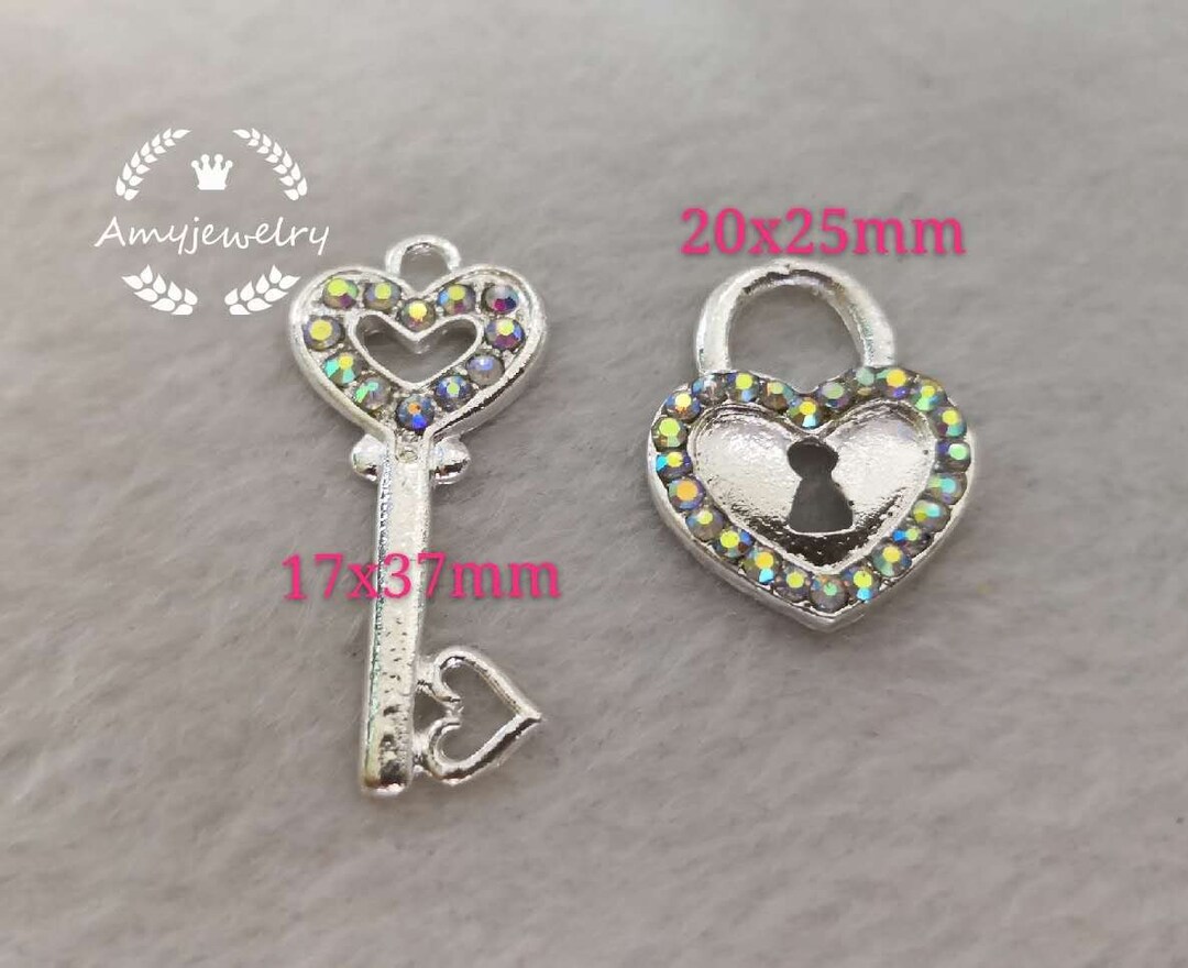 Pave Crystal Heart Lock and Key Pendant, Rhinestone Charms Pendant ...