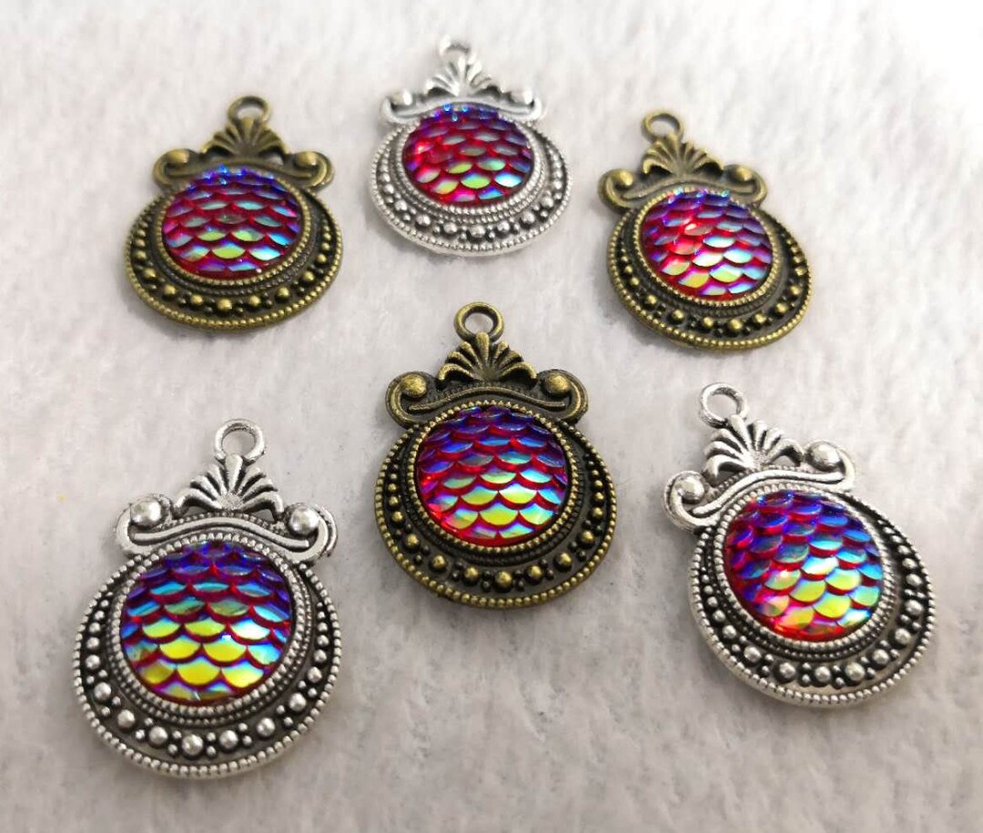 10pcs Aurora Red Round Dome Fish Scale Charm ,19x28mm Mermaid Scale ...