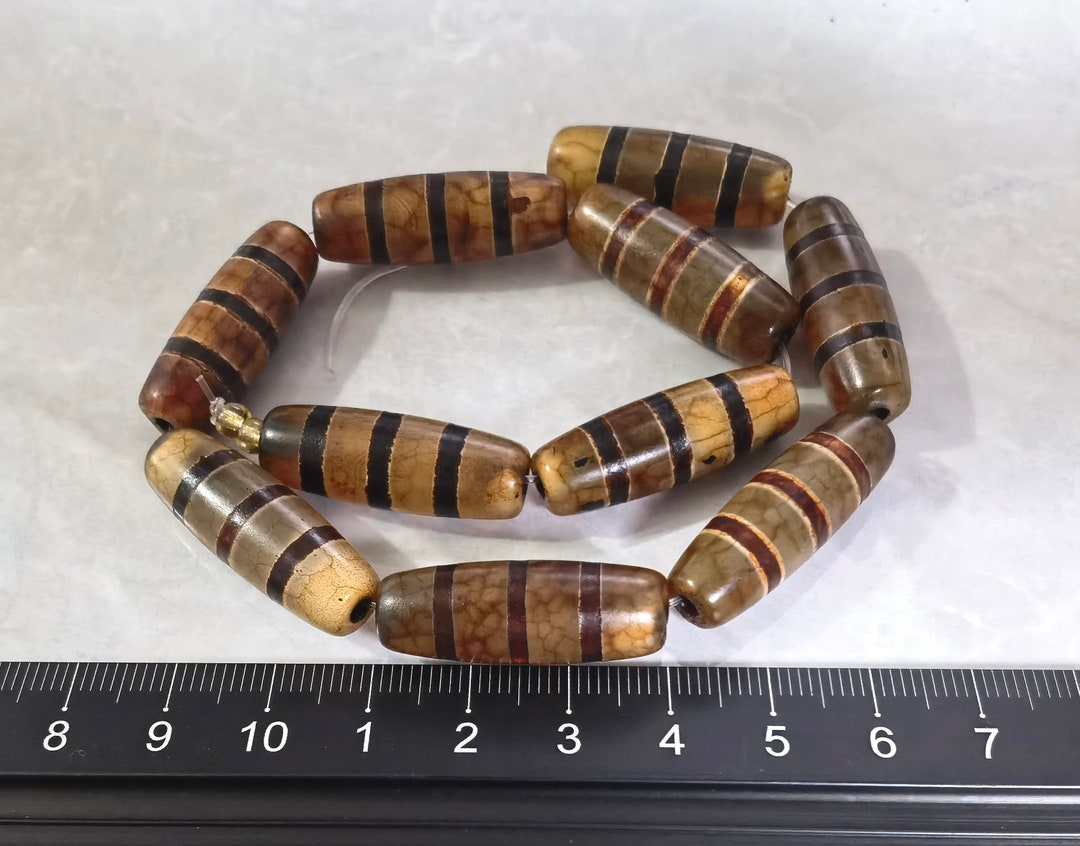 10pcs Brown Agate Dzi Barrel Beads ,three Striped Tibetan Dzi Beads ...