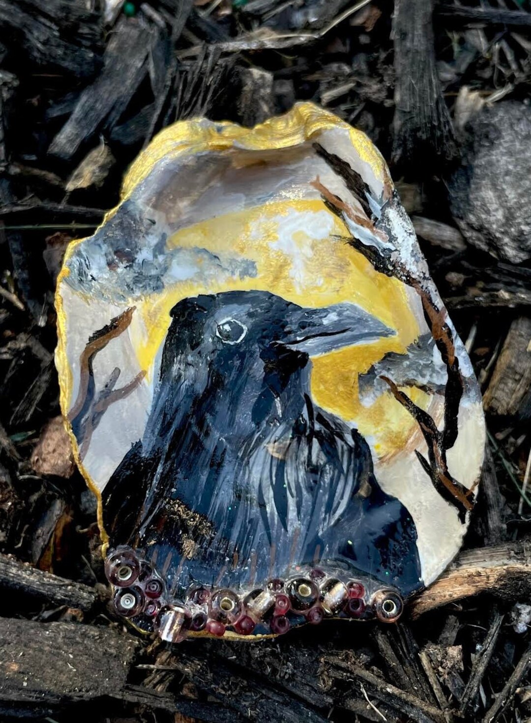 Raven Painting on Oyster Shell - Etsy