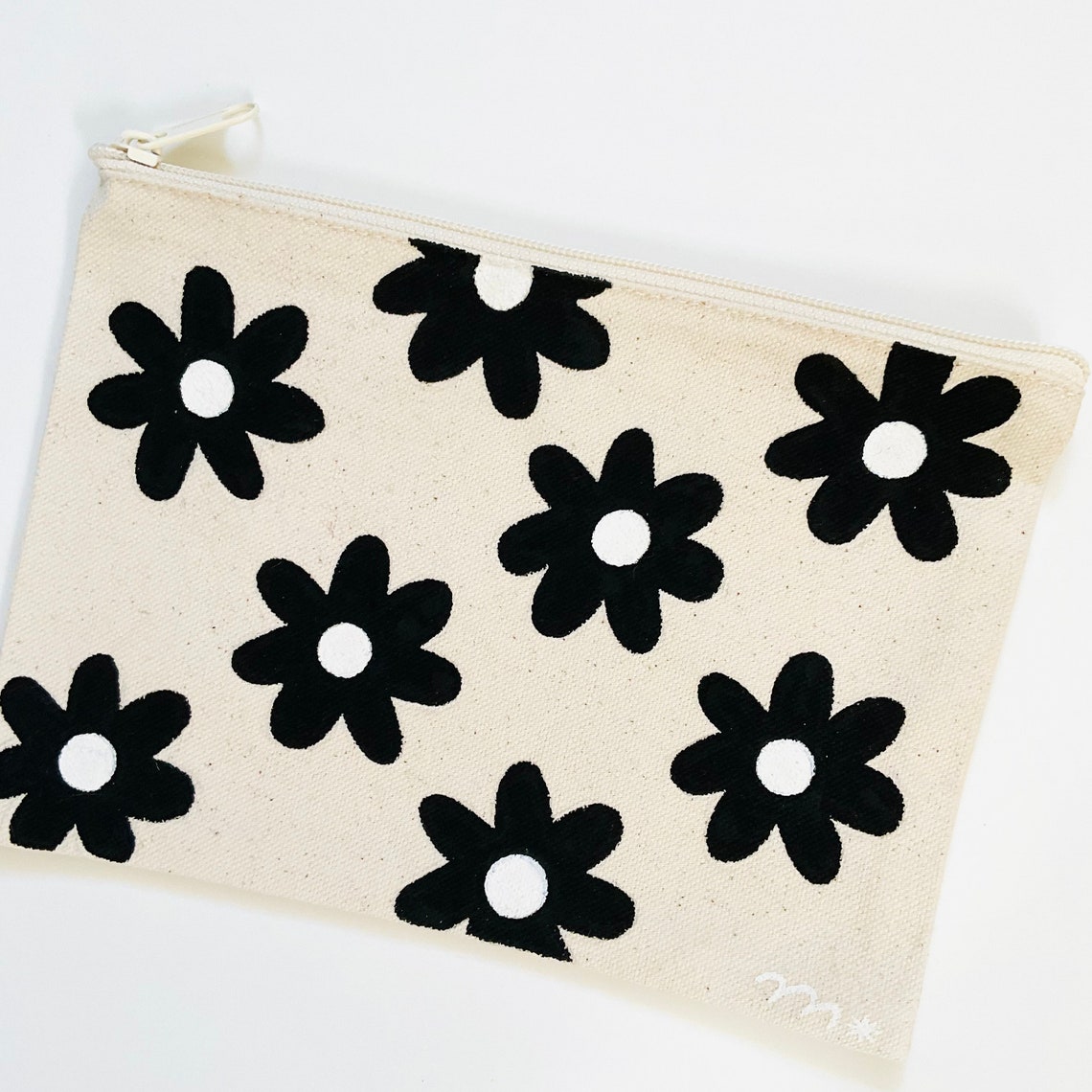 Black Flower Pouch/ Flower Pouch/ Canvas Pouch/ Zipper Pouch/ - Etsy