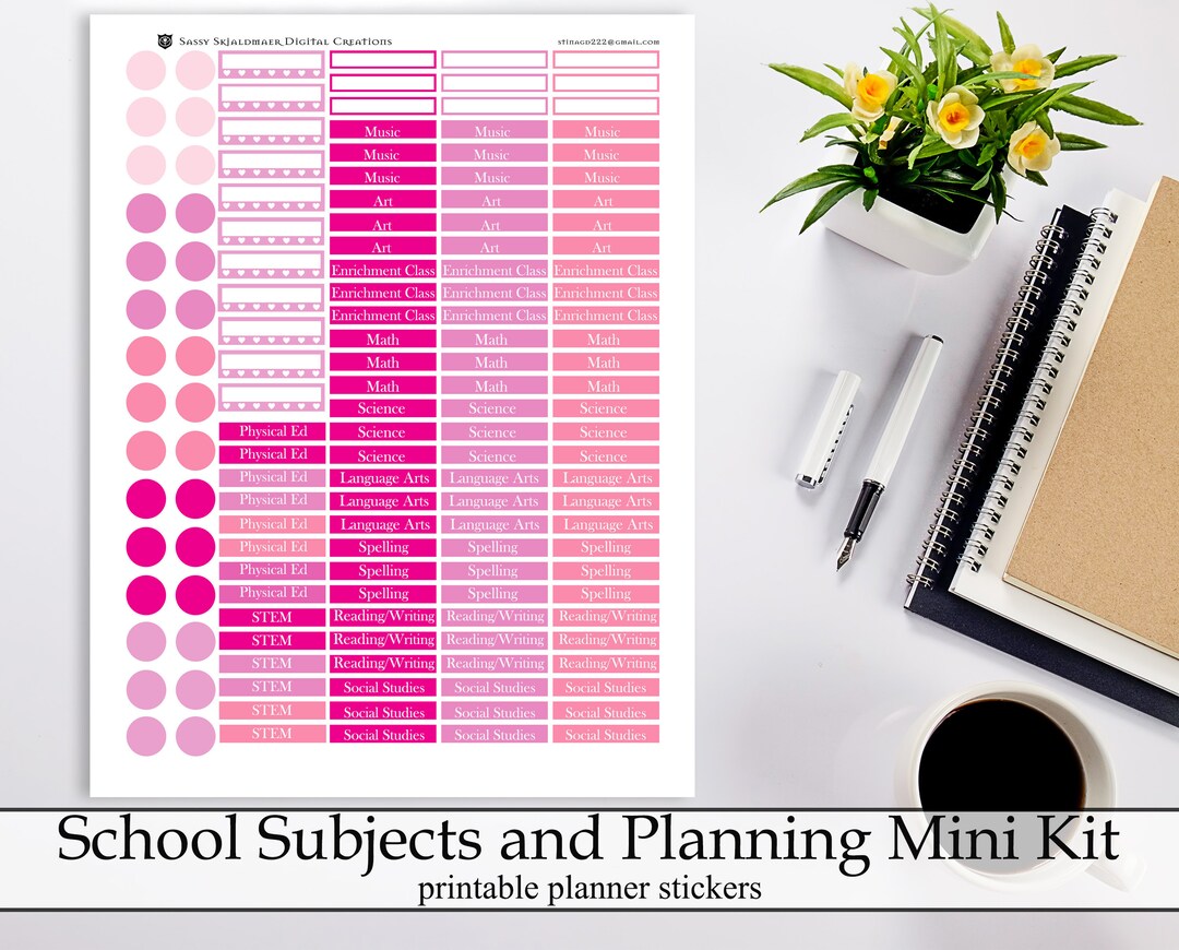 Pink Home School Teaching Subjects Printable Planner Stickers, Digital ...