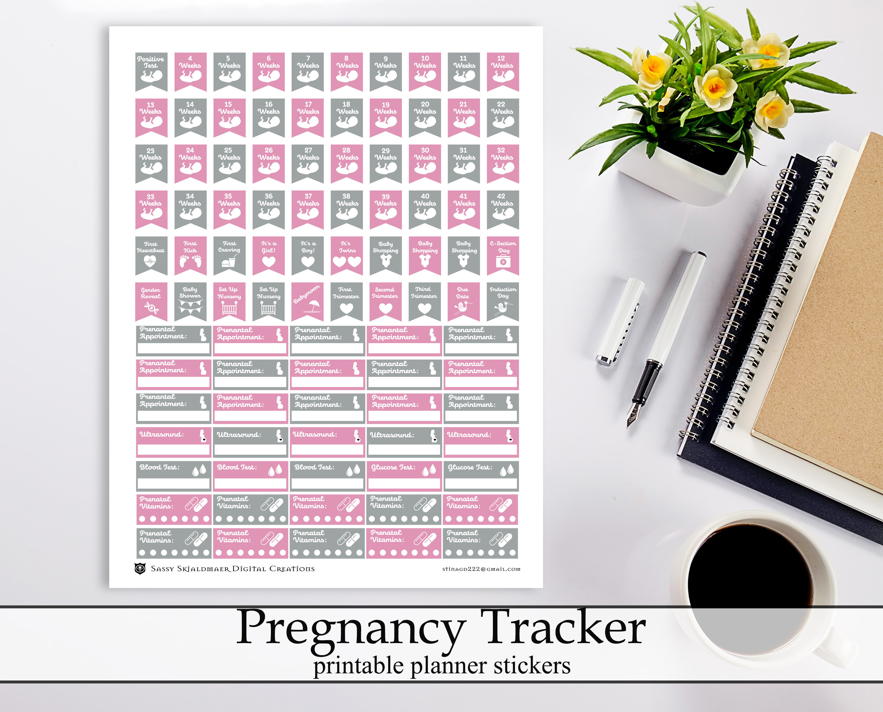 Gray and Pink Pregnancy Tracker Printable Planner Stickers, Gestation ...