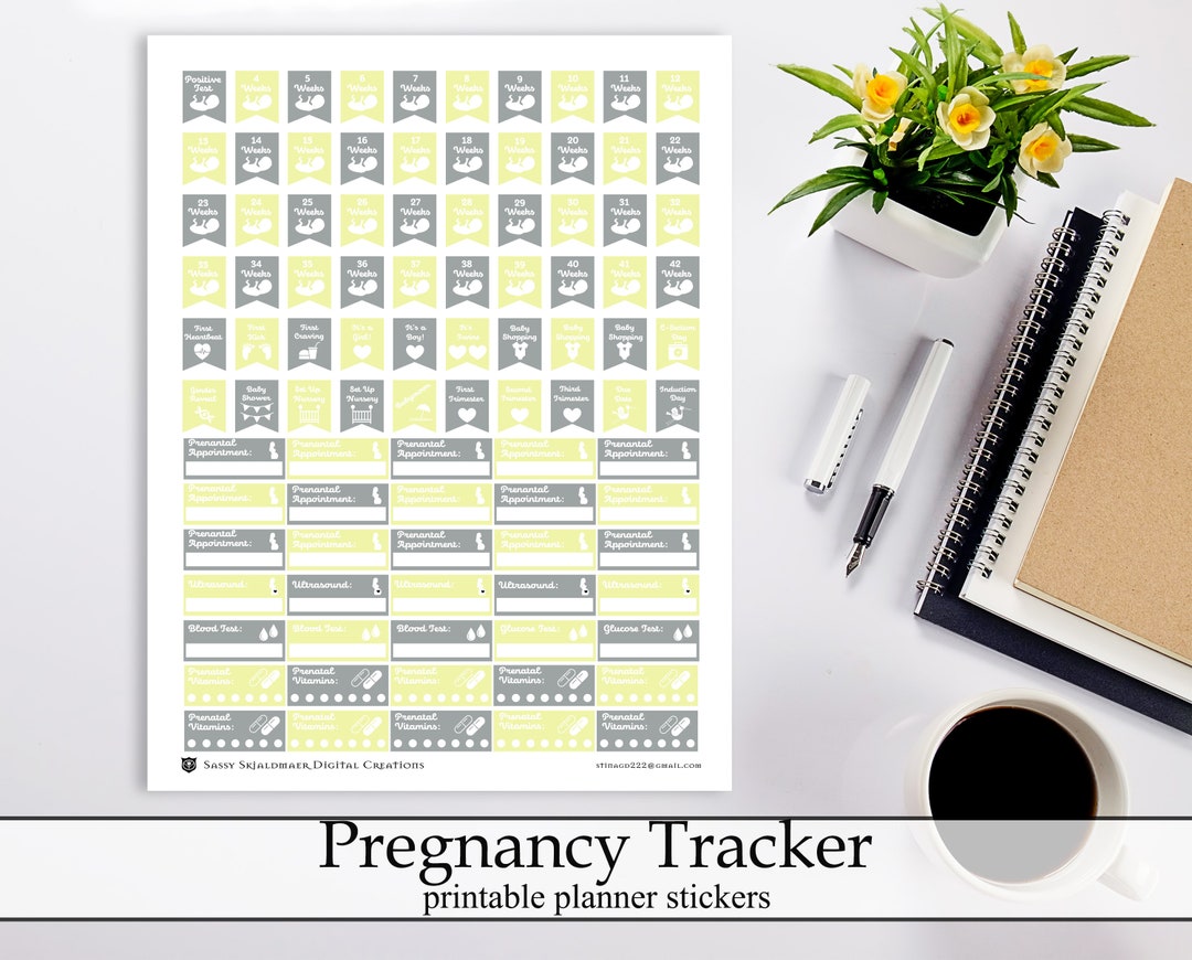 Gray and Yellow Pregnancy Tracker Printable Planner Stickers, Gestation ...