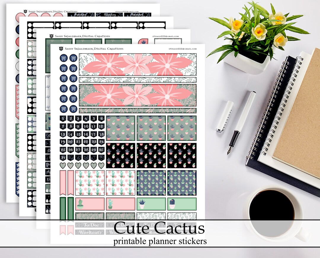 Cute Cactus Printable Planner Stickers, Spring Summer April May June ...