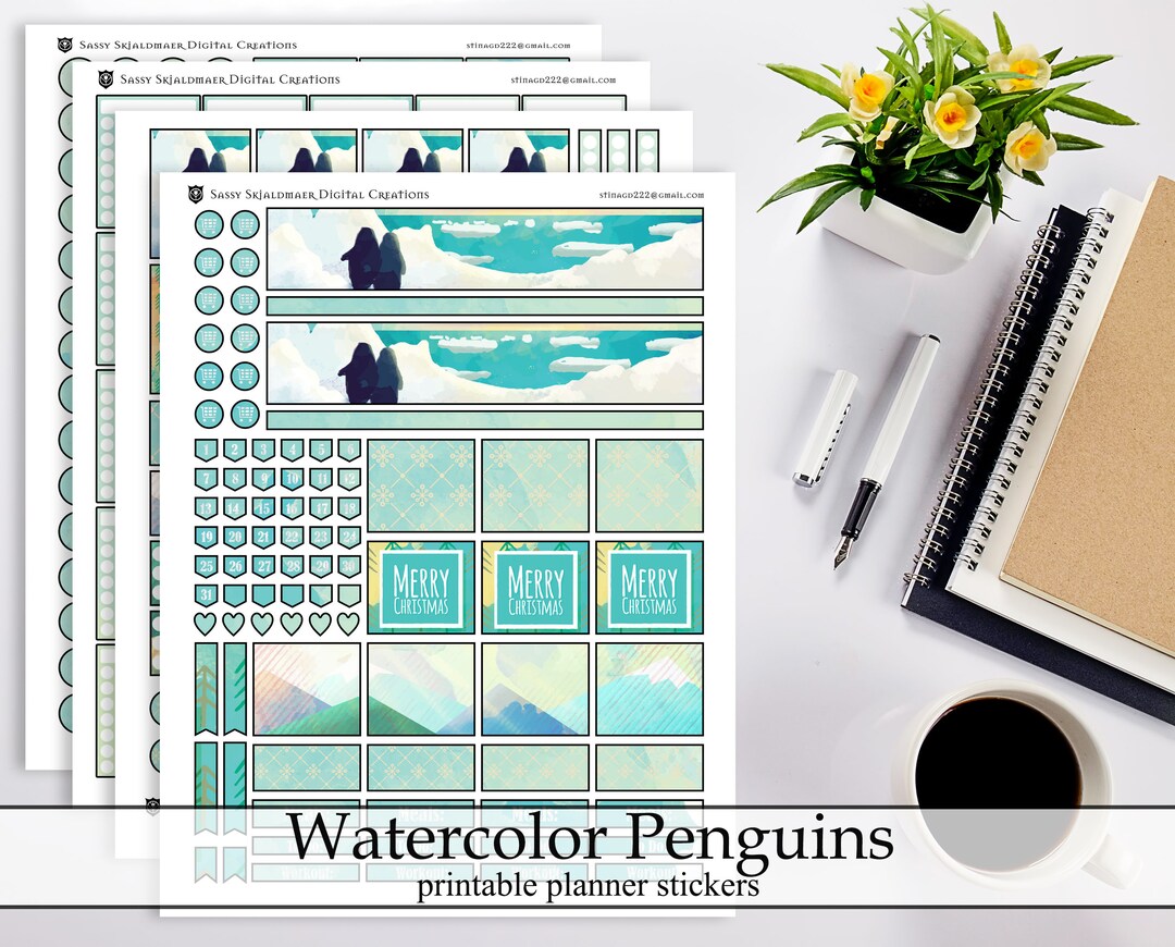 Winter Watercolor Penguins Printable Planner Stickers, Turquoise Aqua ...
