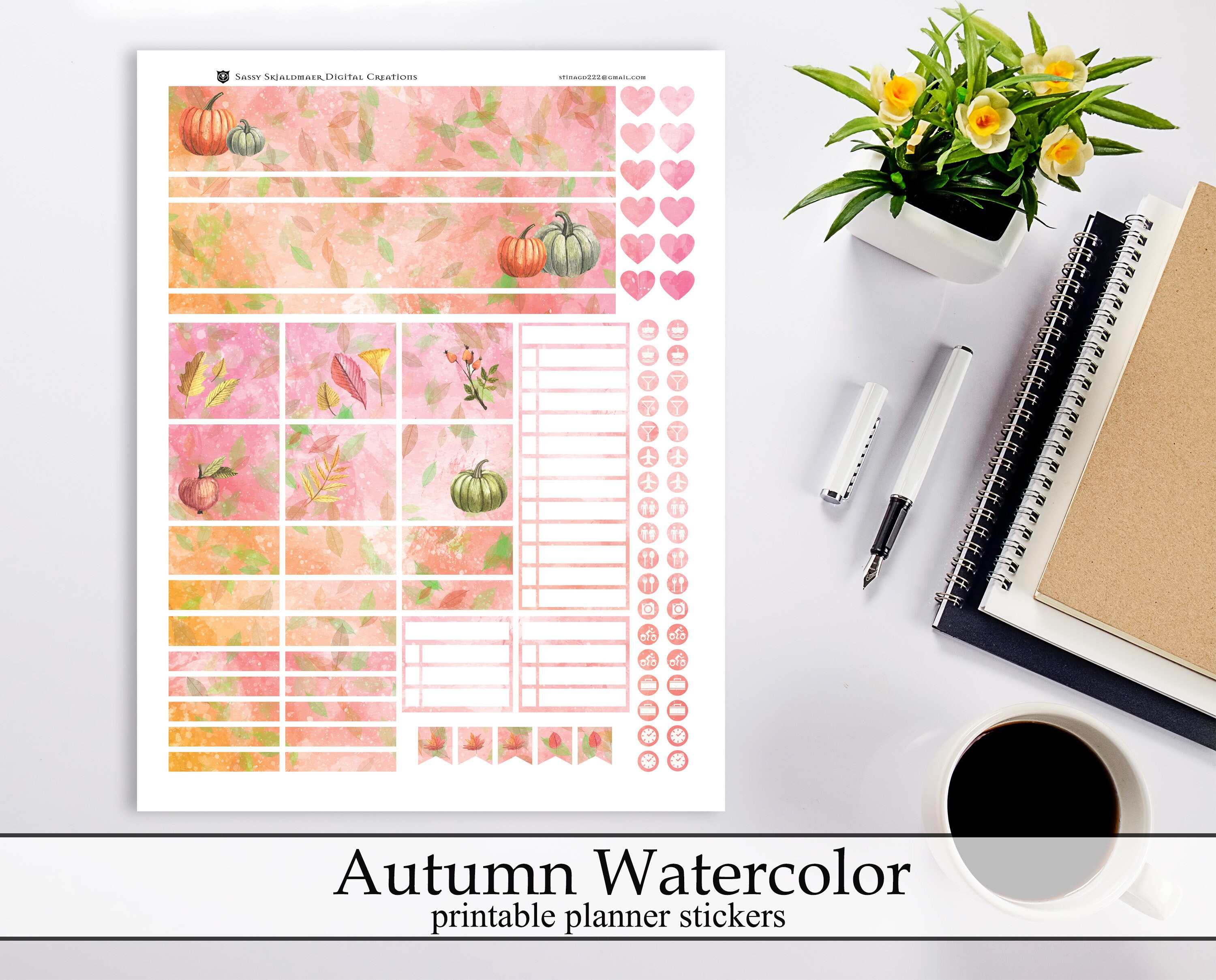 Autumn Watercolor Printable Planner Stickers, Digital Instant Download ...