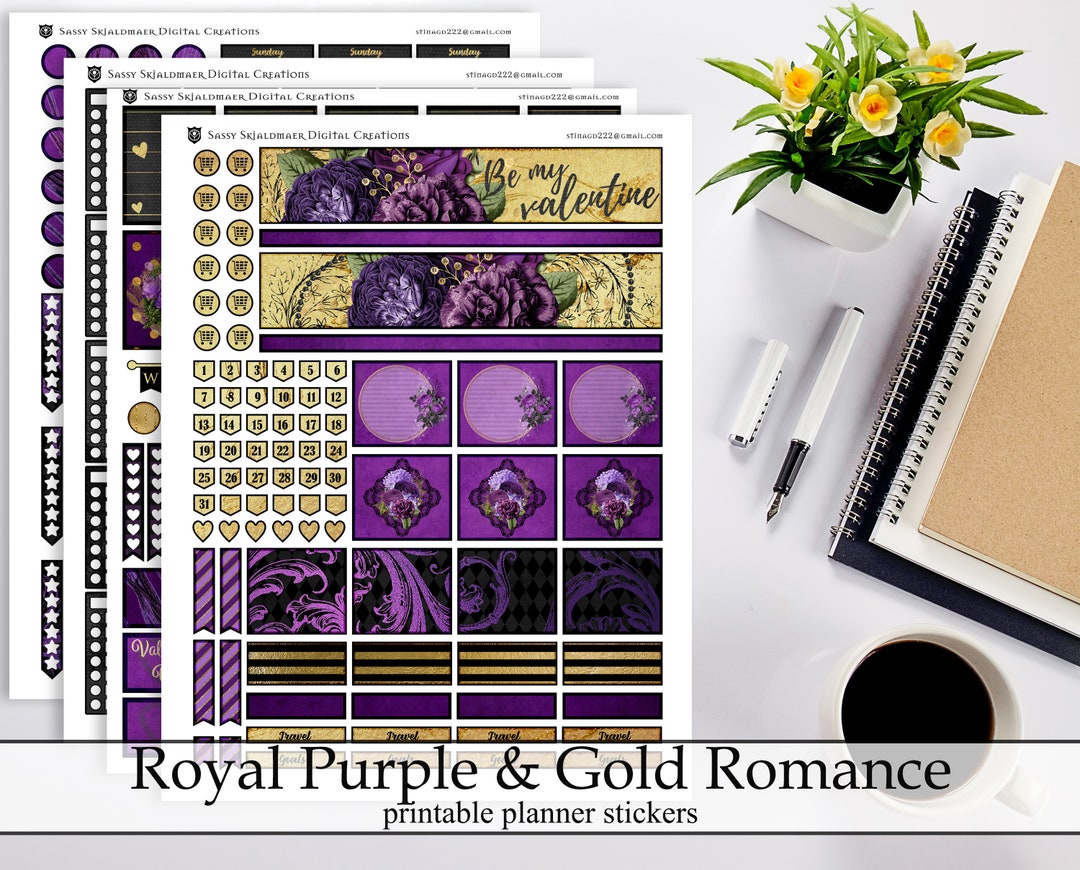 Royal Purple & Gold Romance Printable Planner Stickers, Romantic Faux ...