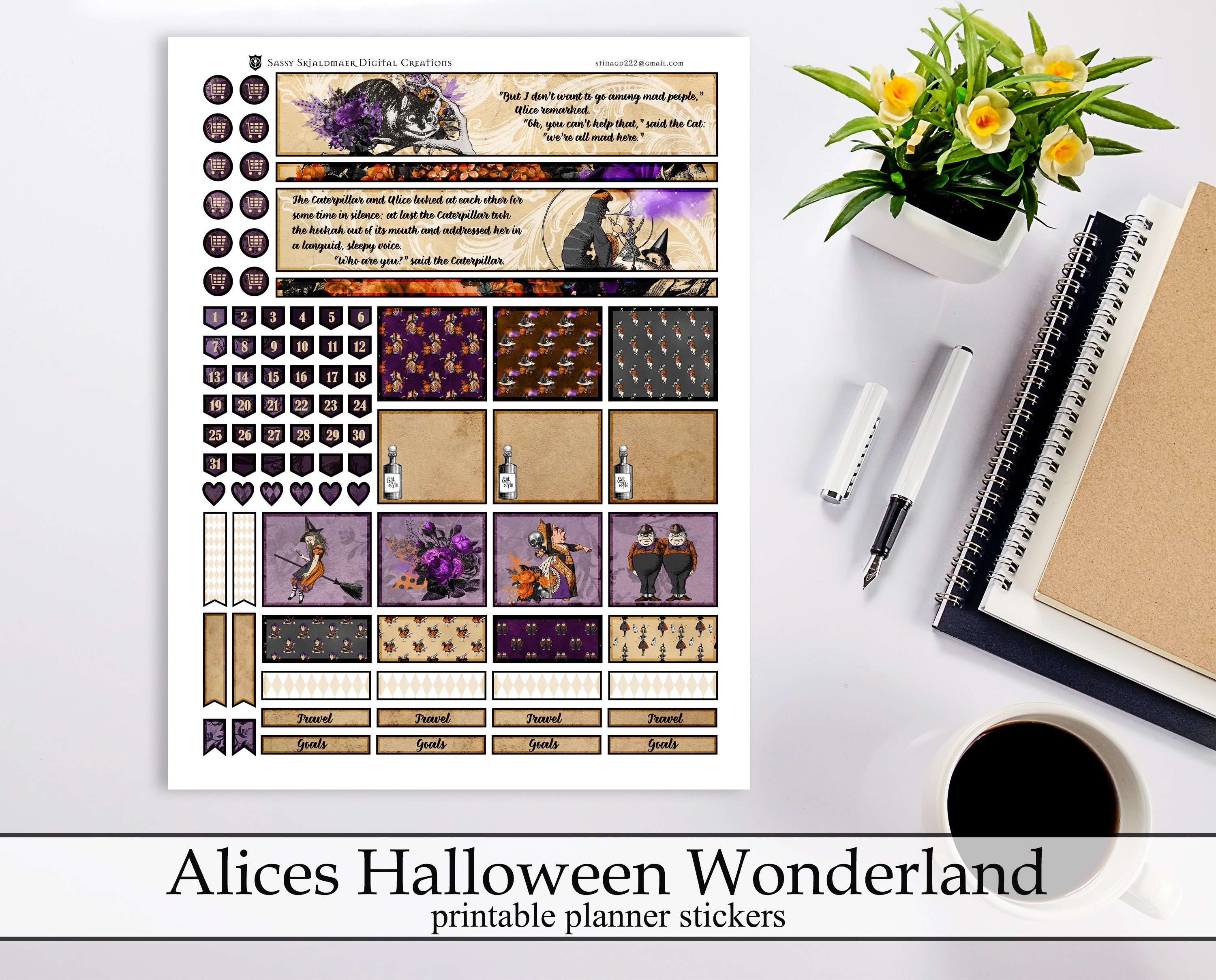 Alice in Wonderland Halloween Printable Planner Stickers, Mad Tea Party ...