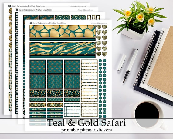 Teal and Gold Safari Printable Planner Stickers Unique Faux | Etsy