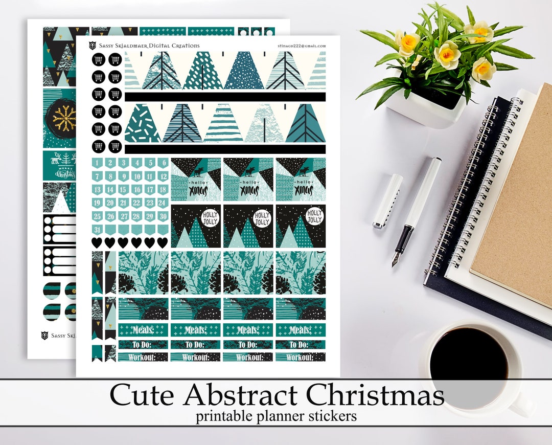 Retro Abstract Teal and Black Christmas Printable Planner Stickers ...