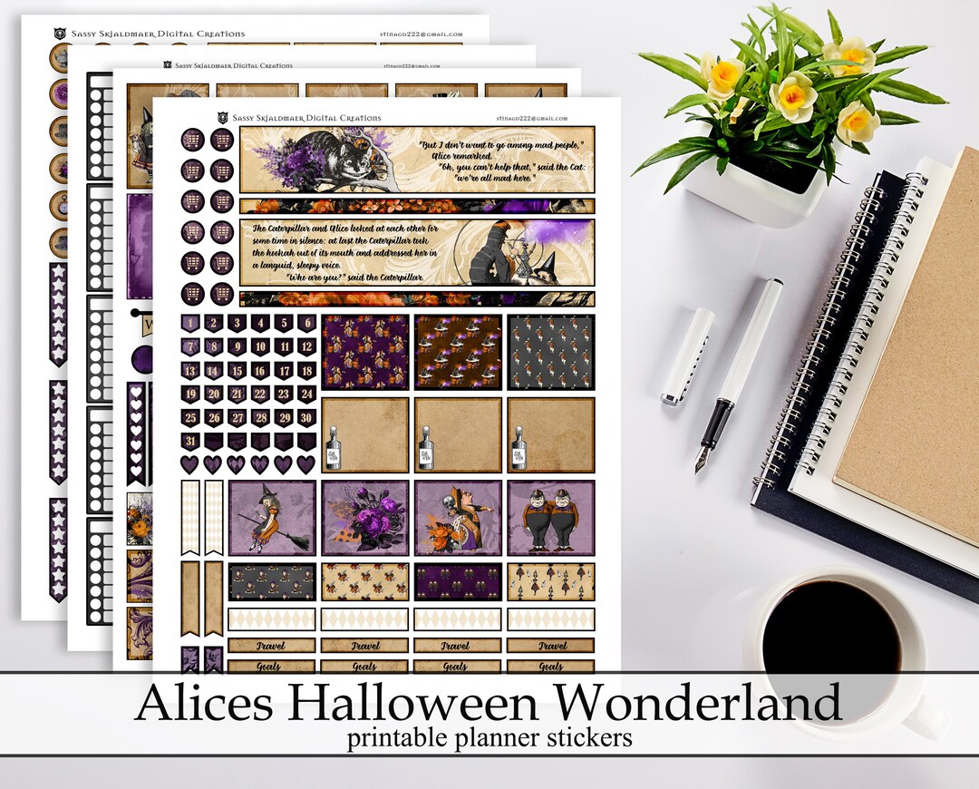 Alice in Wonderland Halloween Printable Planner Stickers, Mad Tea Party ...