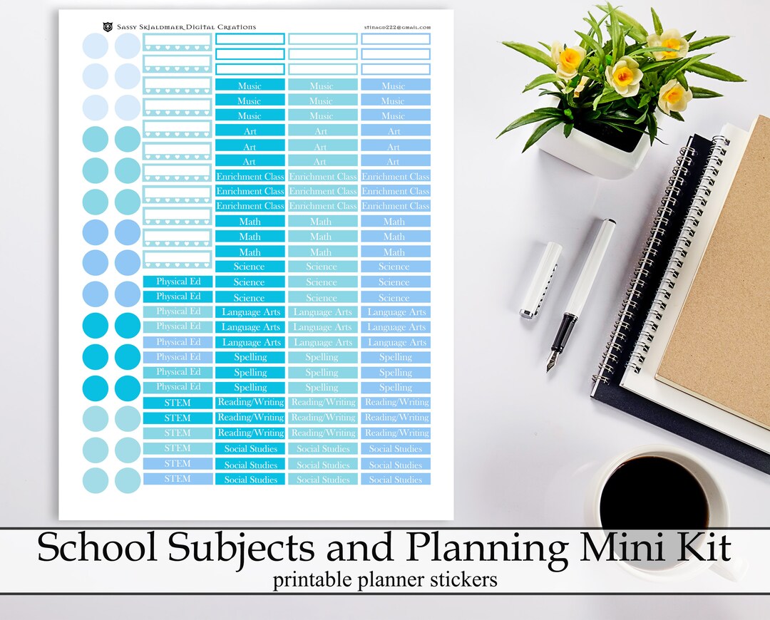 Blue Home School Teaching Subjects Printable Planner Stickers, Digital ...