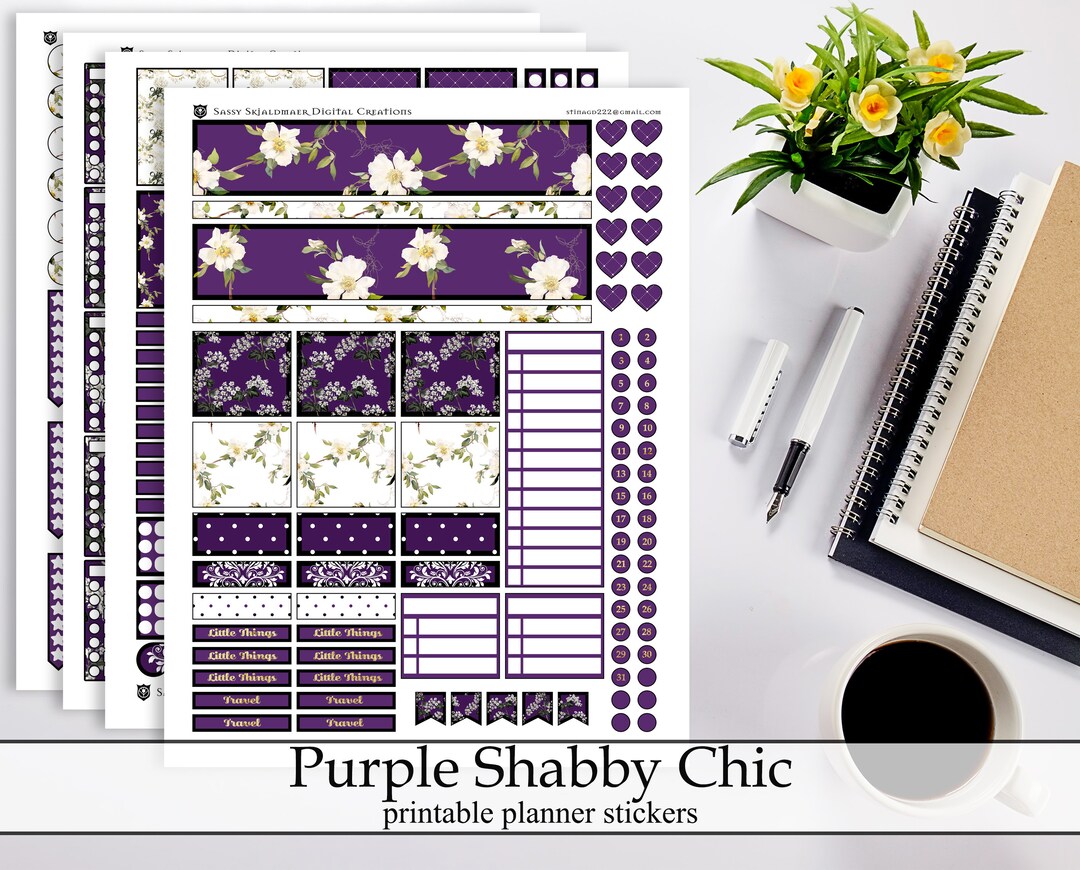 Purple & Gold Shabby Chic Printable Planner Stickers, Faux Gold Foil ...