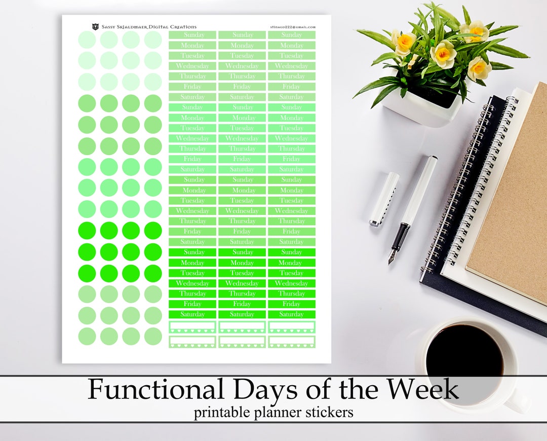 Green Functional Days of the Week Printable Planner Stickers, Digital ...