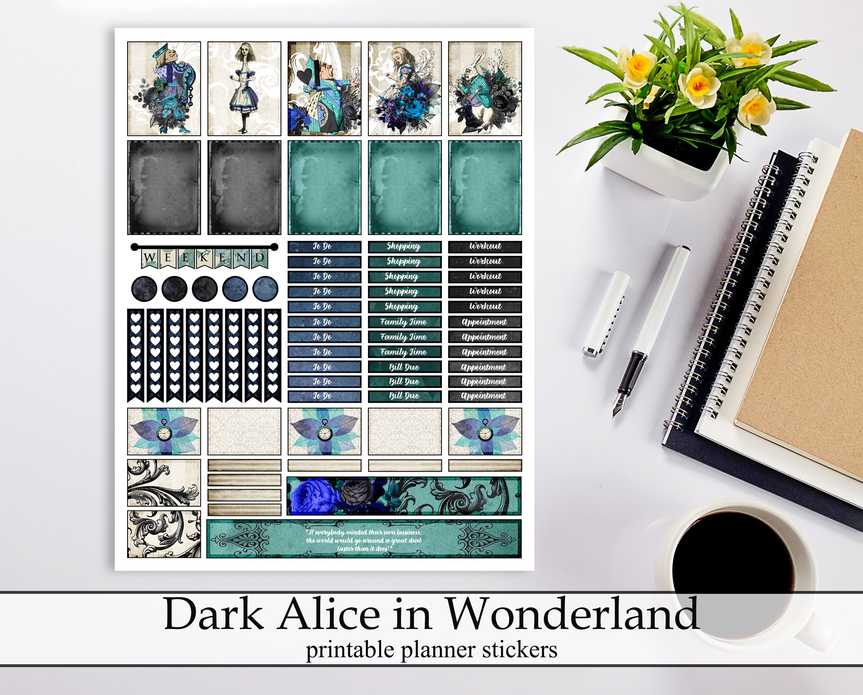 Dark Vintage Alice in Wonderland Printable Planner Stickers, Mad Tea ...