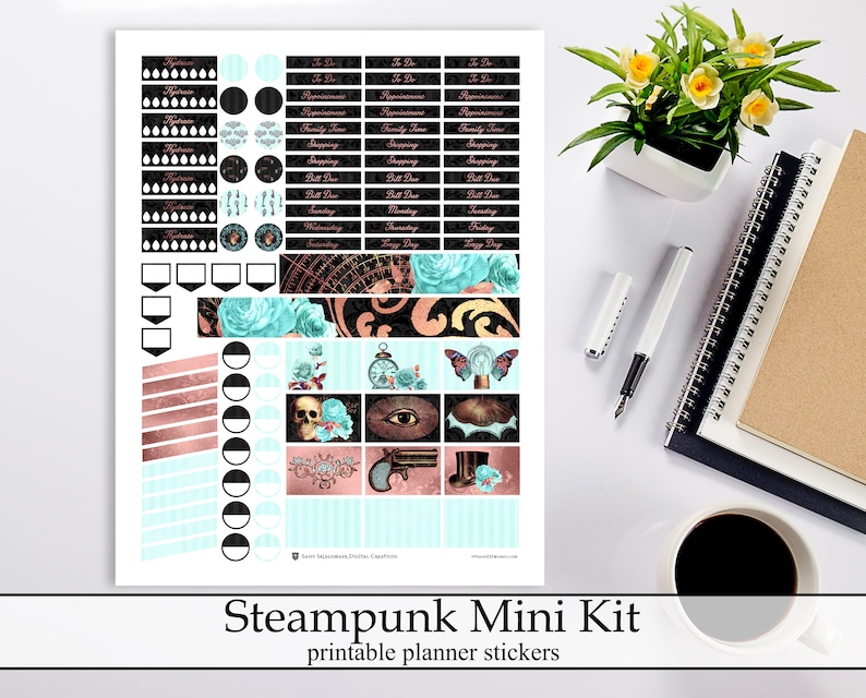 Steampunk Printable Planner Stickers, Turquoise Vintage Victorian ...