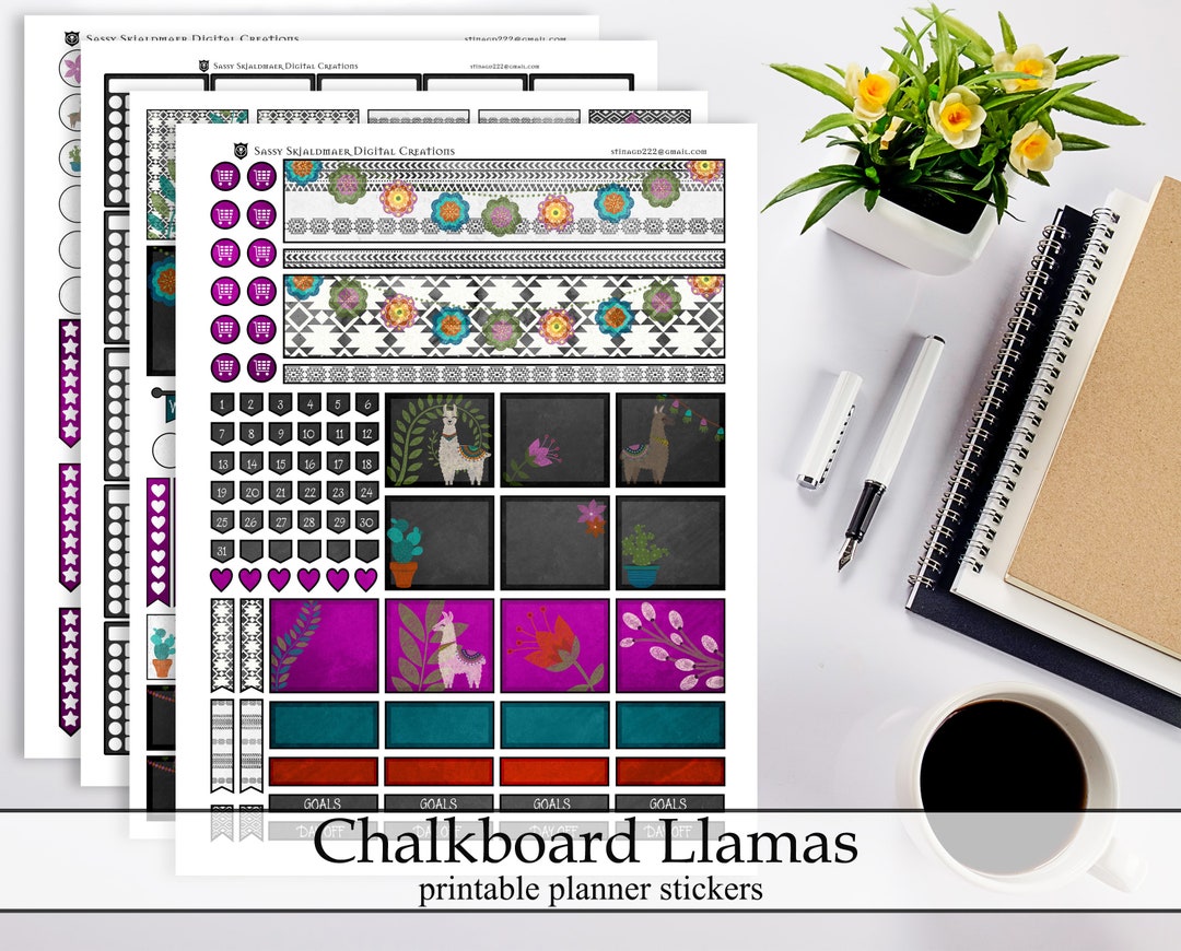 Chalkboard Llamas and Cactus Printable Planner Stickers, Festive Chalk ...