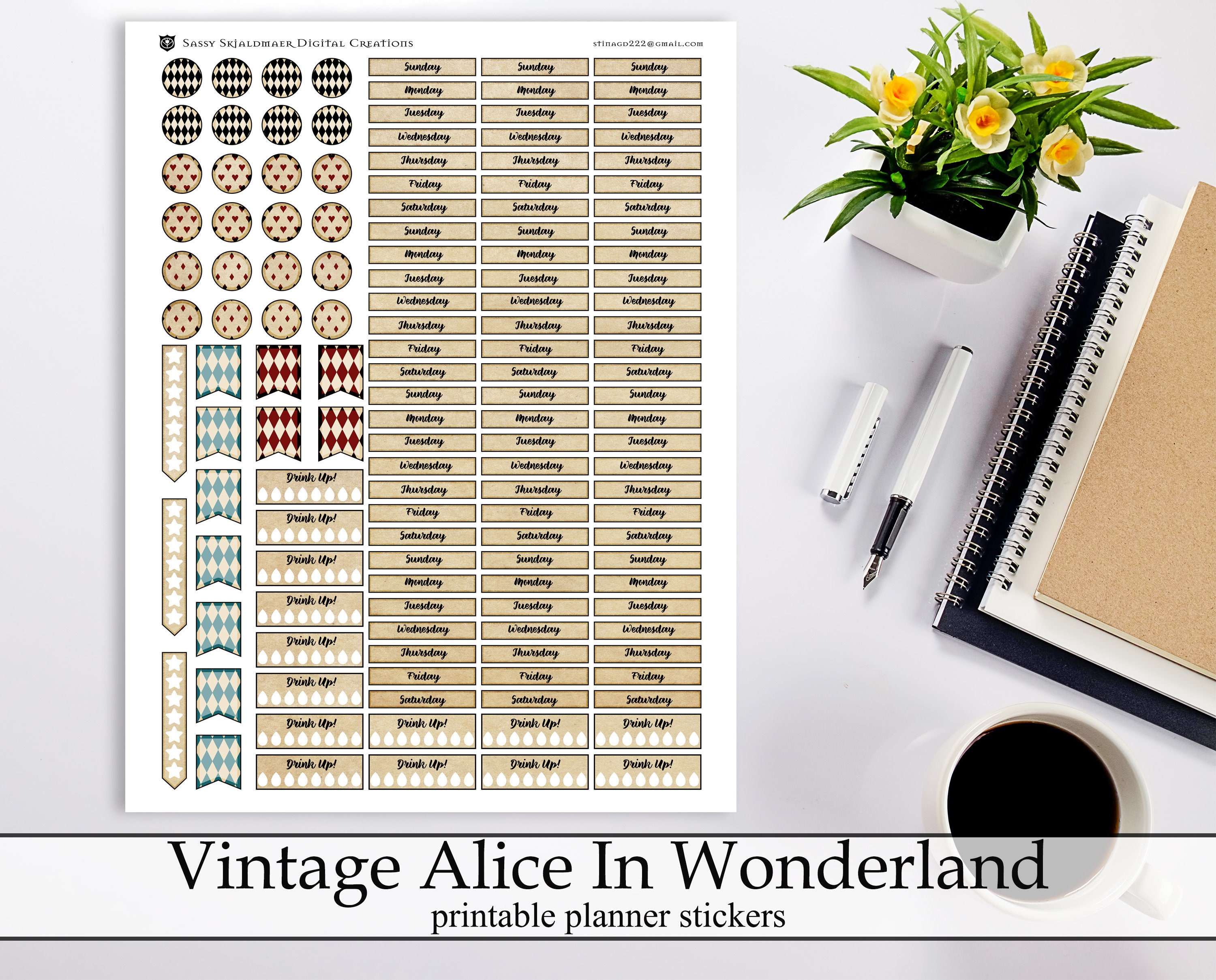 Vintage Alice in Wonderland Printable Planner Stickers, Mad Tea Party ...