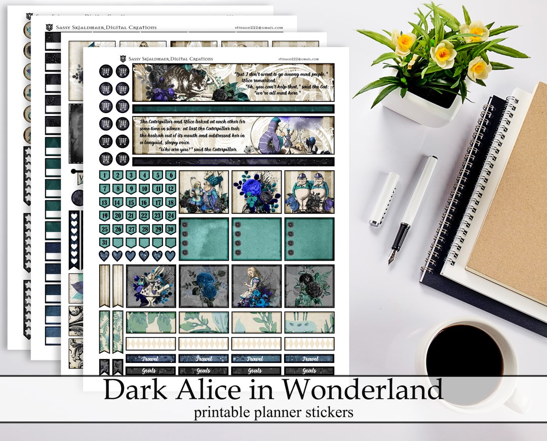 Dark Vintage Alice in Wonderland Printable Planner Stickers, Mad Tea ...