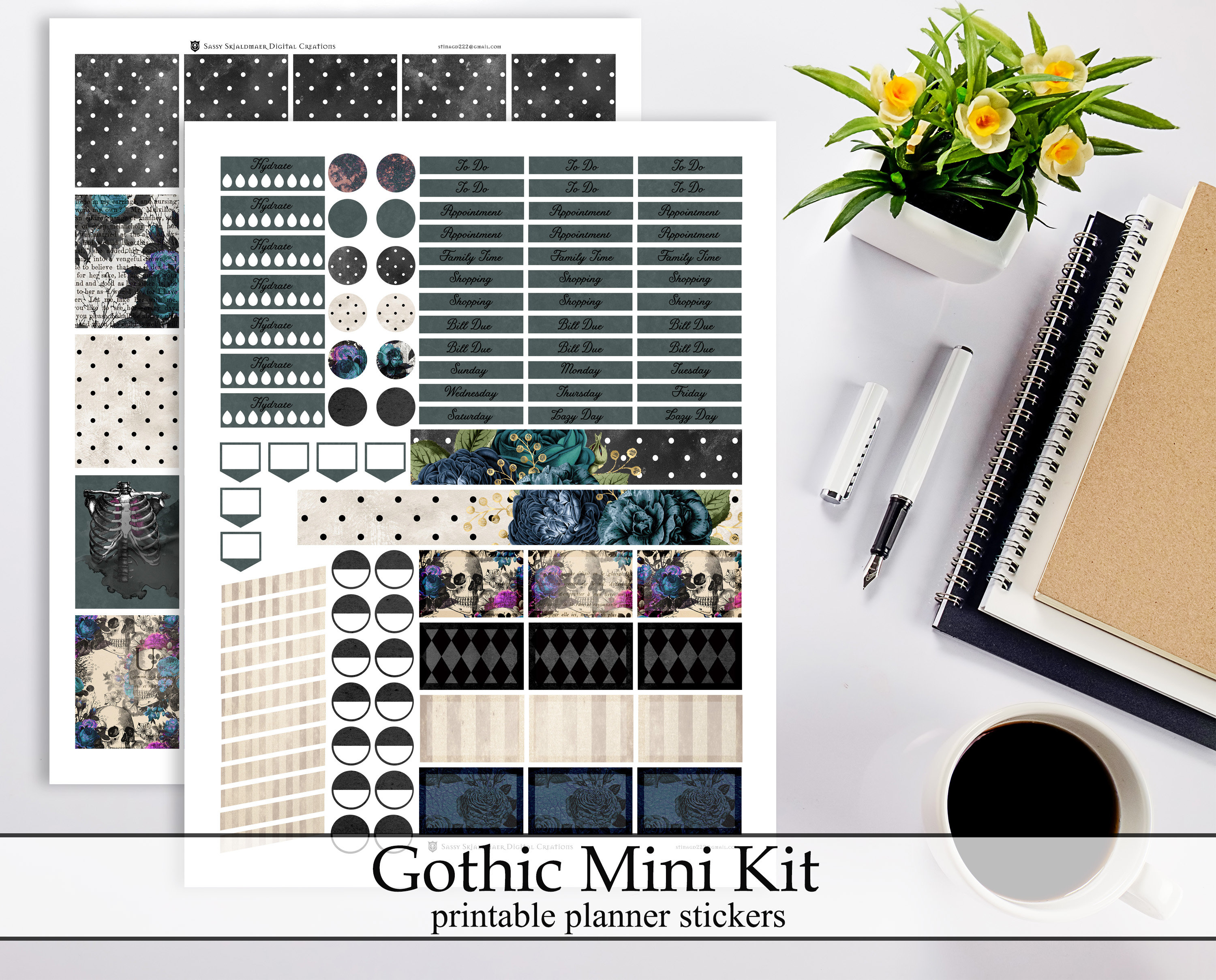 Gothic Teal Halloween Printable Planner Stickers, Vintage Victorian ...
