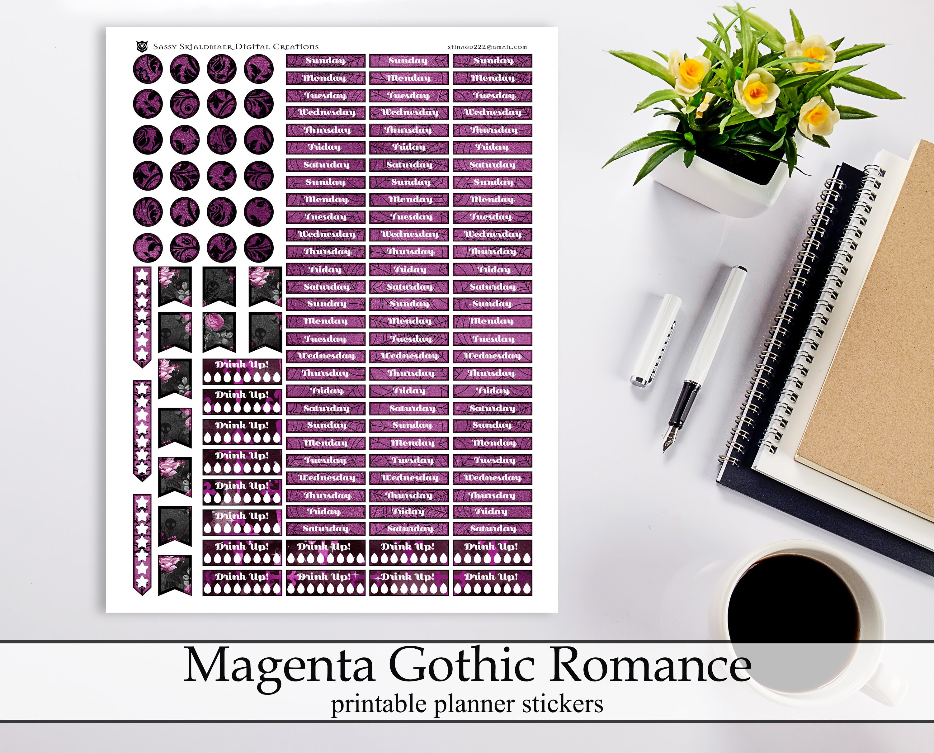 Magenta Gothic Romance Imprimable Planner Stickers, Unique Goth Purple ...
