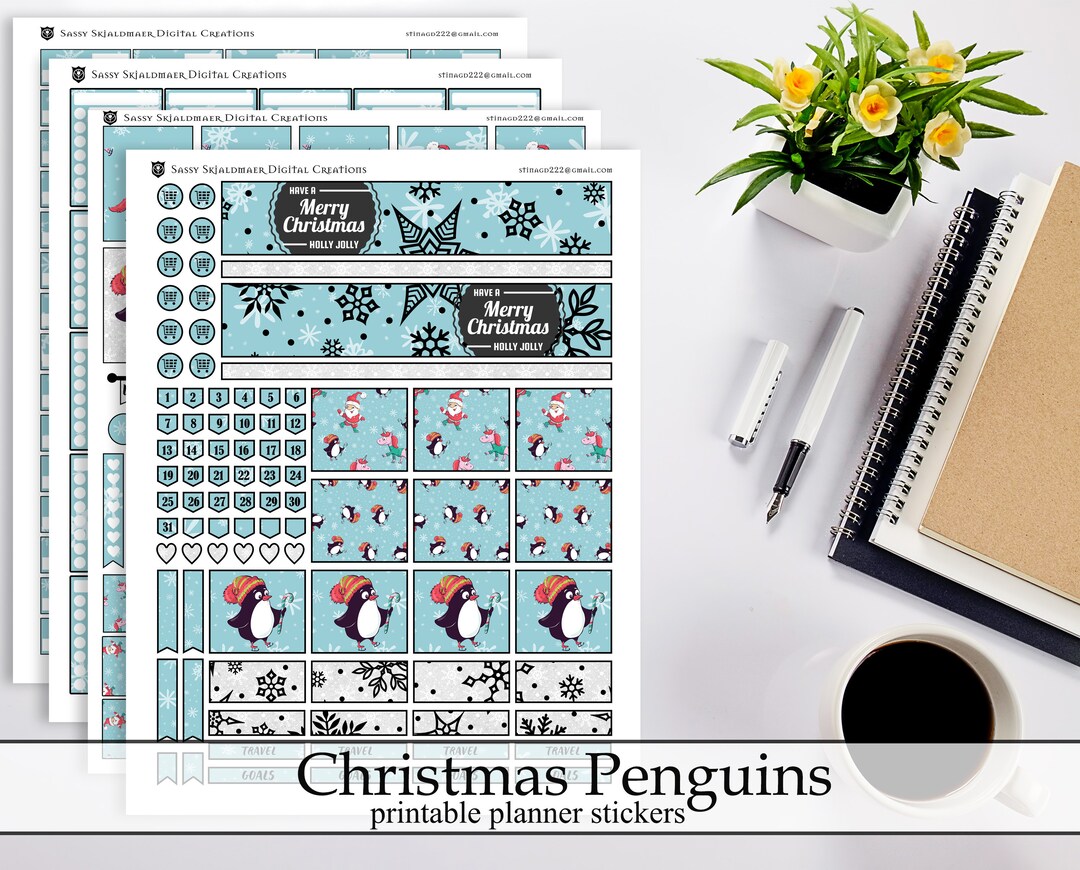 Christmas Penguins Printable Planner Stickers, Cute December Winter ...
