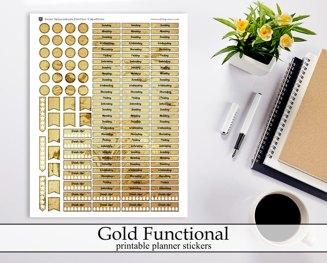 Gold Functional Printable Planner Stickers, Faux Gold Foil Days of the ...