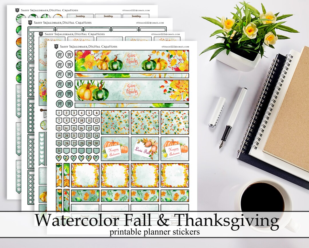 Watercolor Thanksgiving Printable Planner Stickers, Beautiful November ...