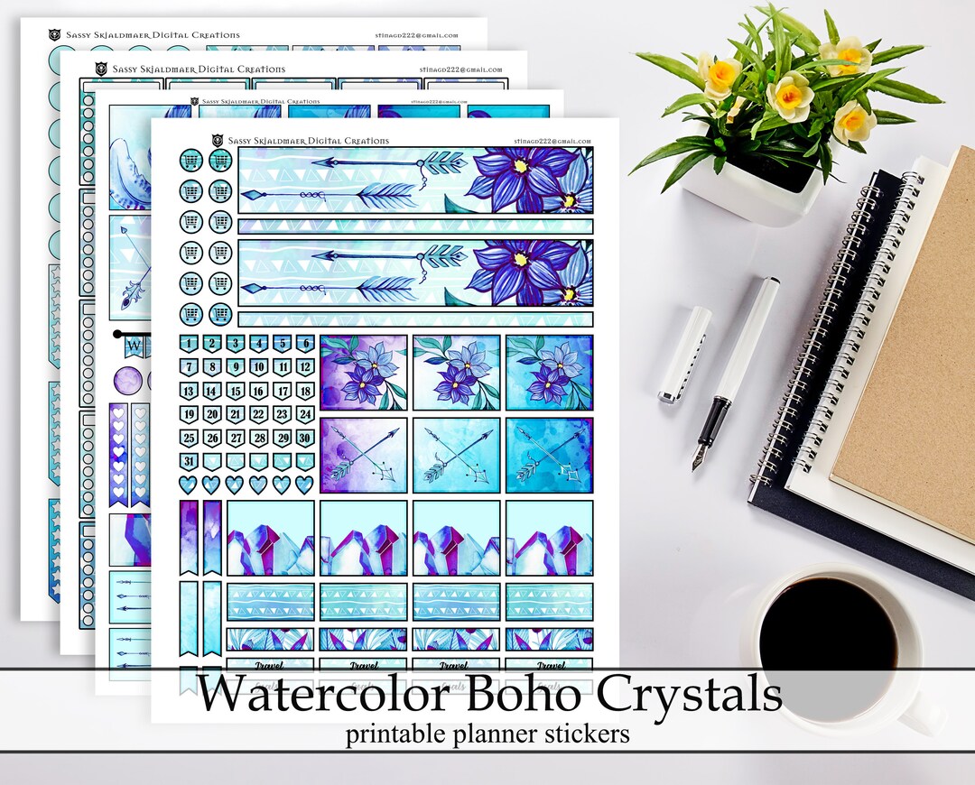 Aqua Watercolor Boho Printable Planner Stickers, Turquoise Bohemian ...