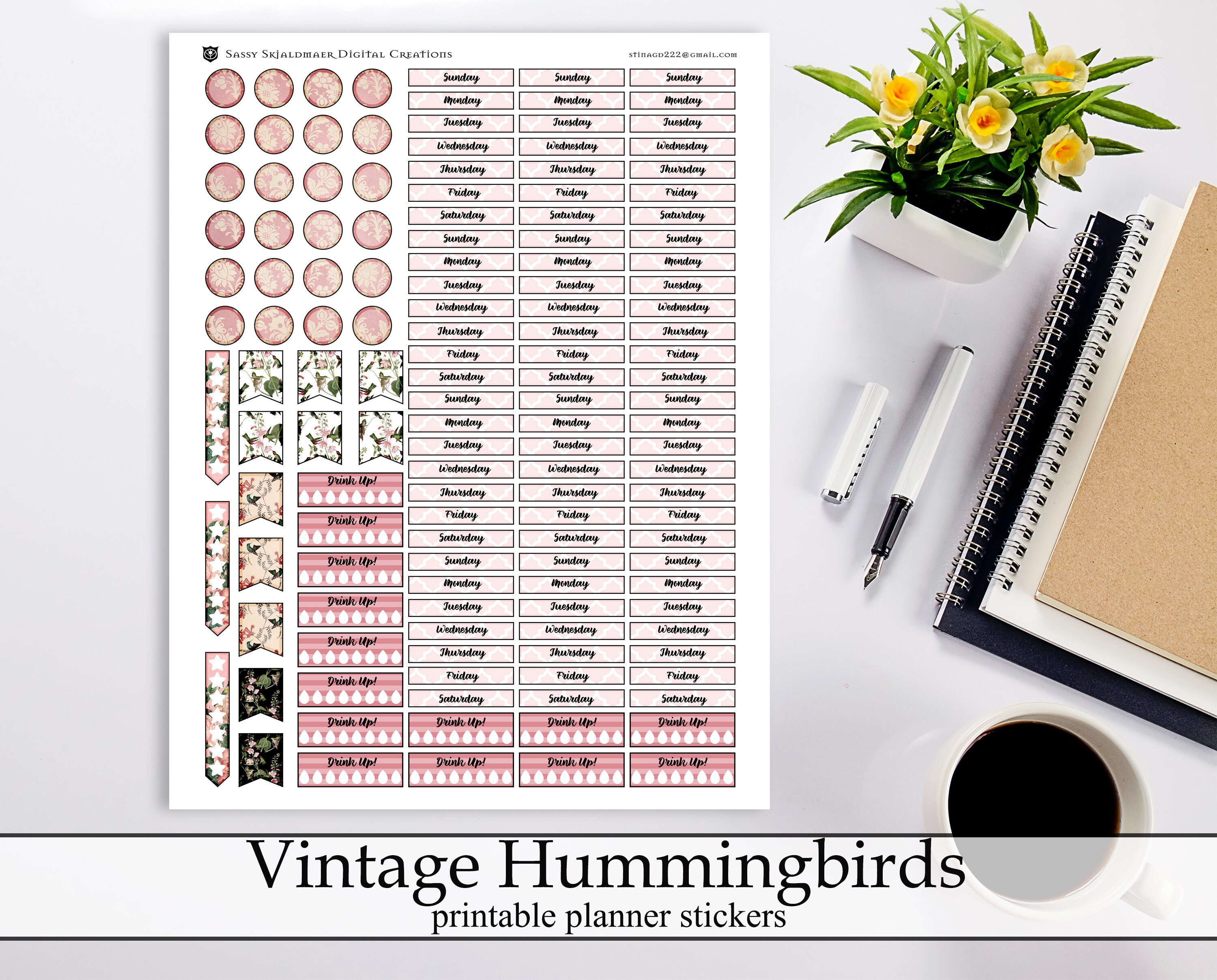 Vintage Hummingbird Printable Planner Stickers, Beautiful Spring April ...
