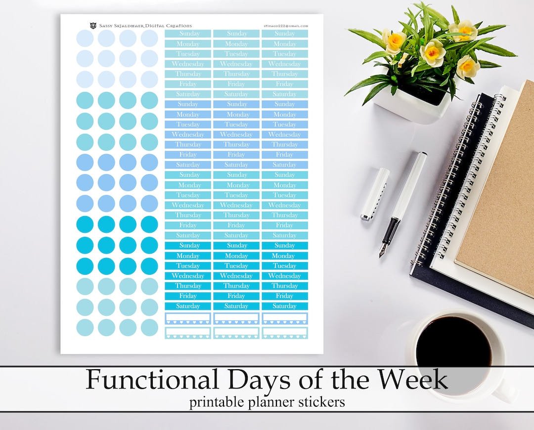 Blue Functional Days of the Week Printable Planner Stickers, Turquoise ...