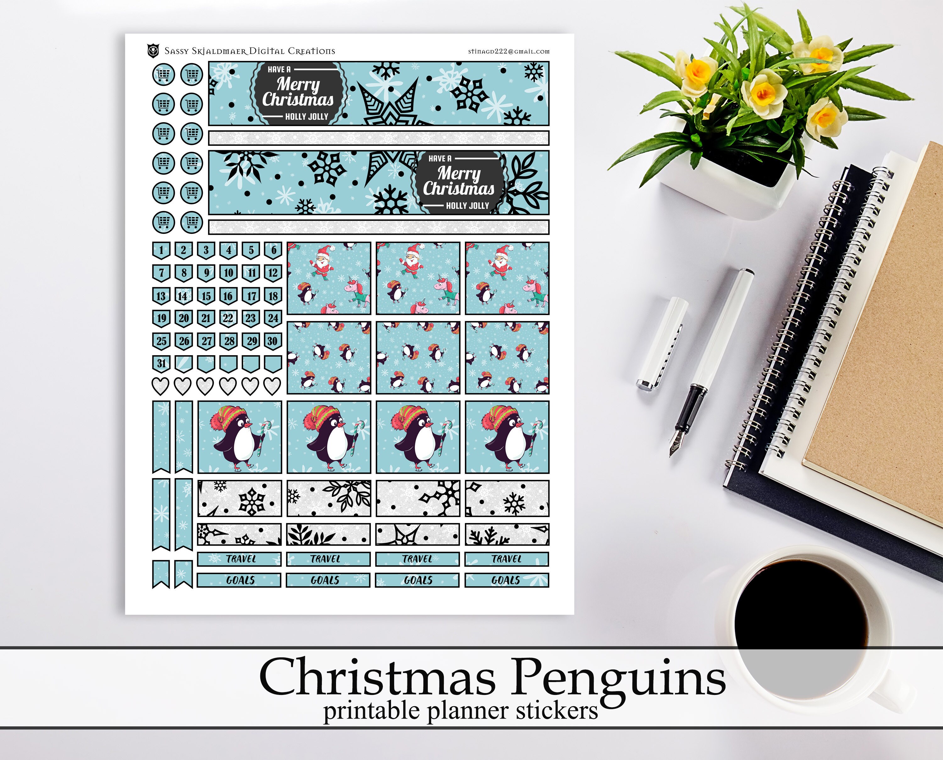 Christmas Penguins Printable Planner Stickers, Cute December Winter ...