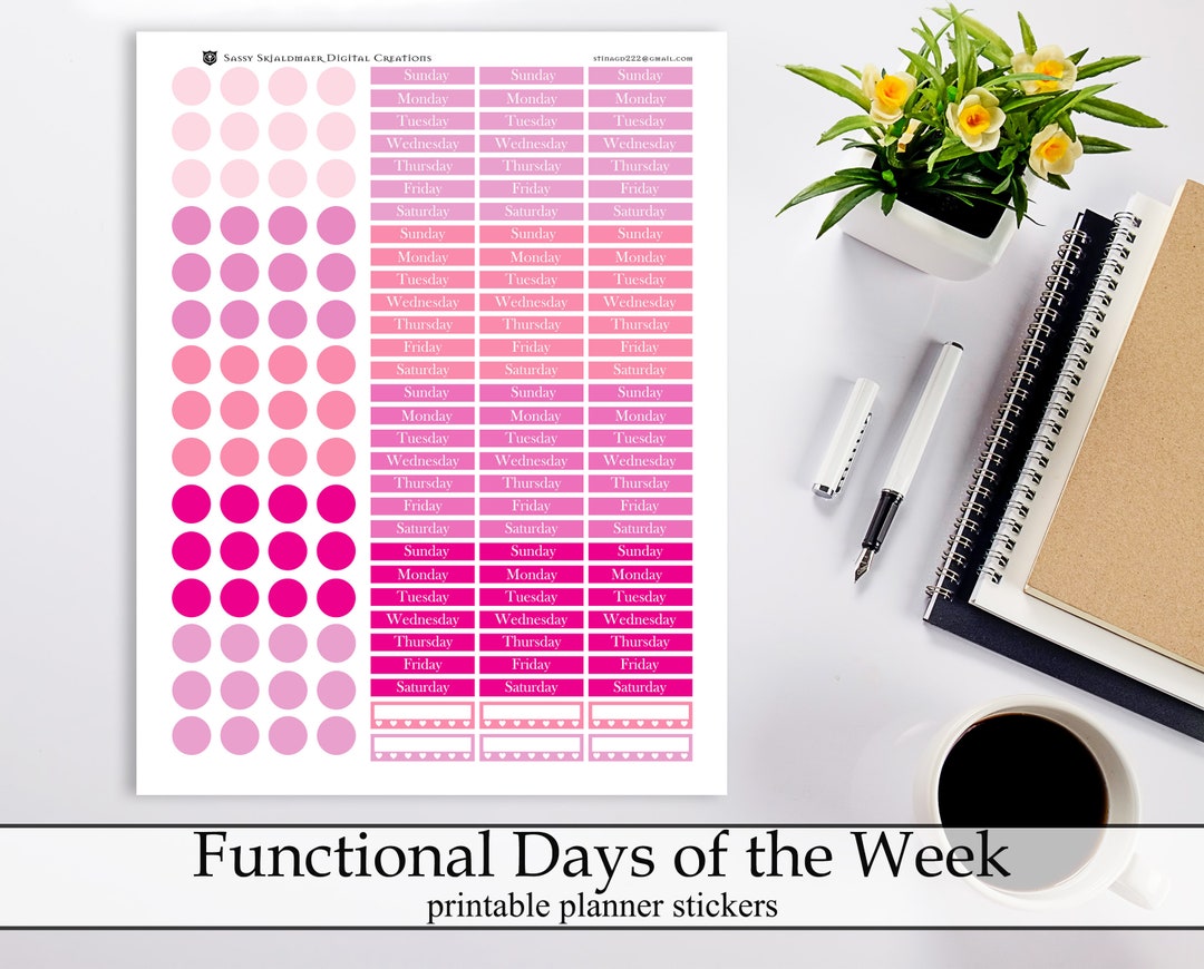 Pink Functional Days of the Week Printable Planner Stickers, Digital ...