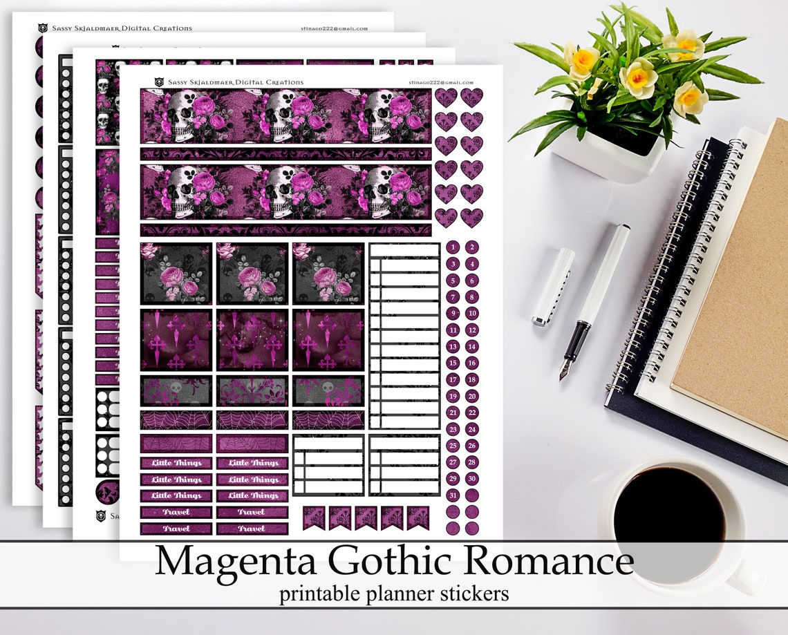 Magenta Gothic Romance Printable Planner Stickers, Unique Goth Purple ...