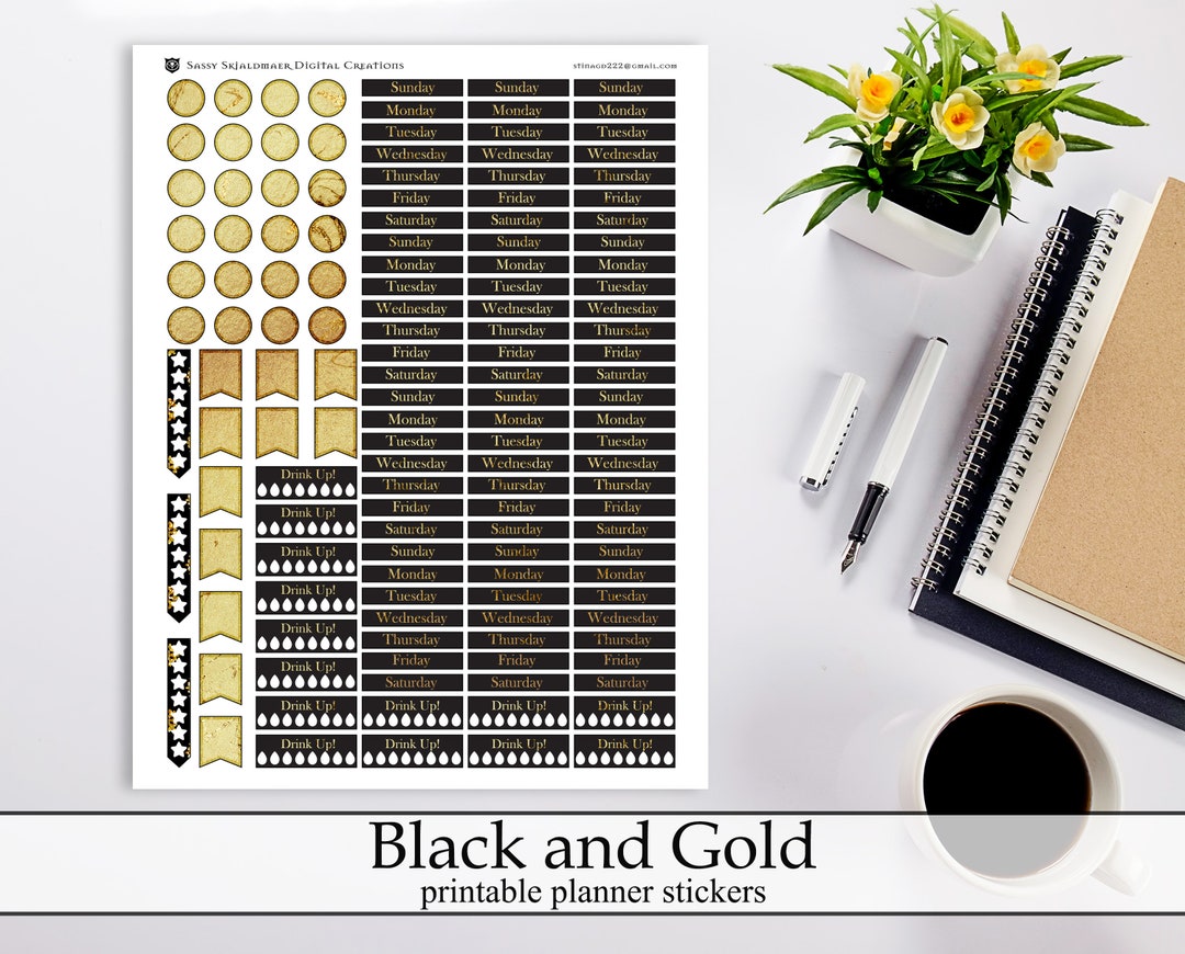 Black and Gold Functional Printable Planner Stickers, Faux Gold Foil ...