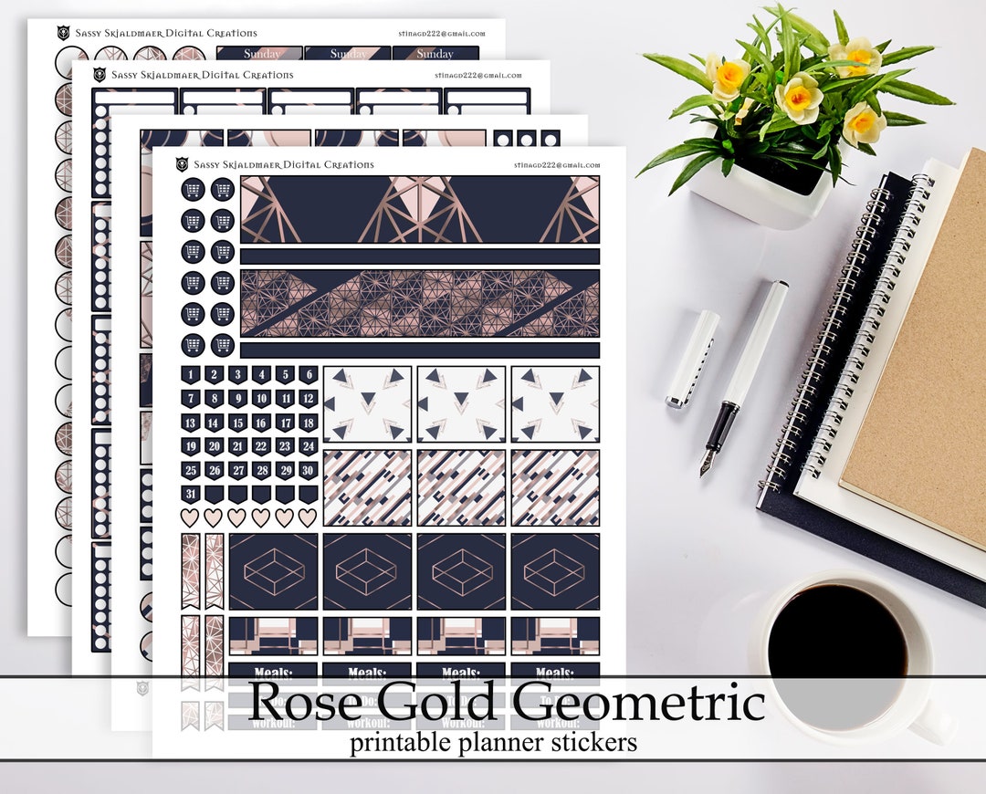 Rose Gold & Navy Geometric Printable Planner Stickers, Pretty Rose Gold ...