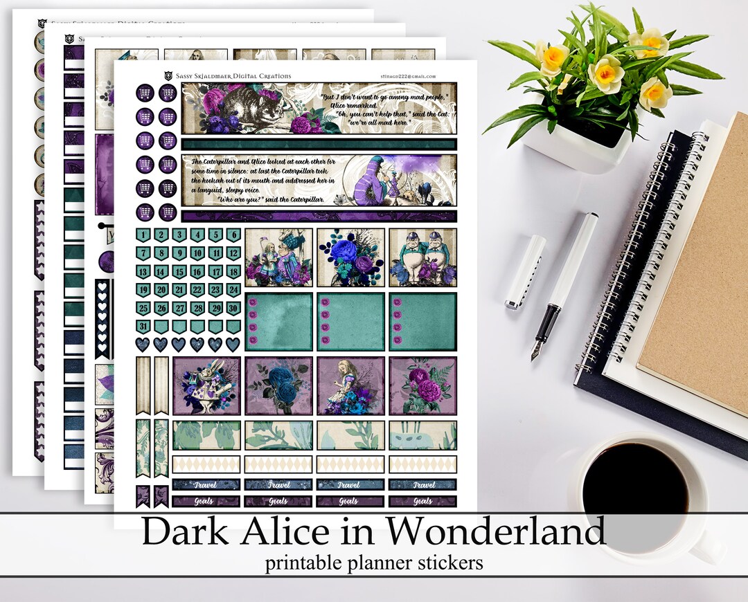 Dark Vintage Alice in Wonderland Printable Planner Stickers, Mad Tea ...