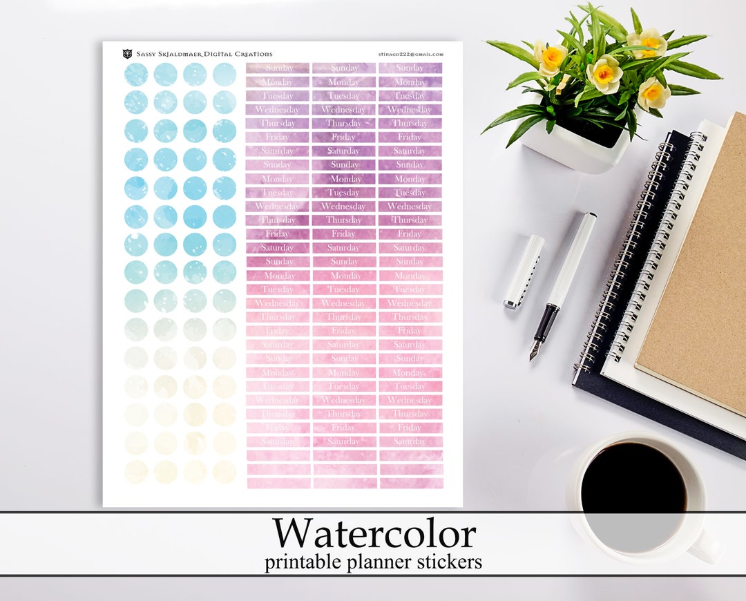 Pretty Watercolor Days of the Week Printable Planner Stickers, Stickers ...