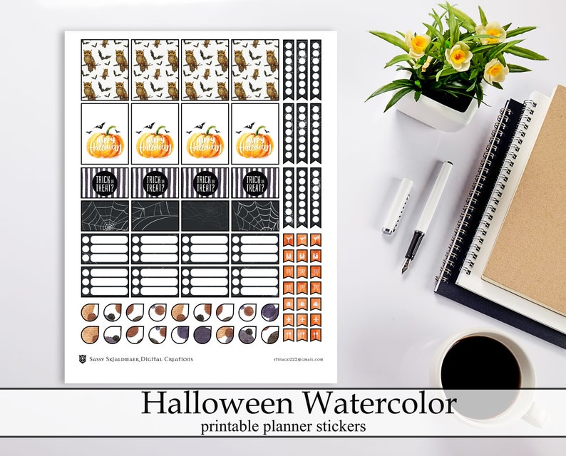 Watercolor Halloween Printable Planner Stickers, Cute Spooky Halloween ...