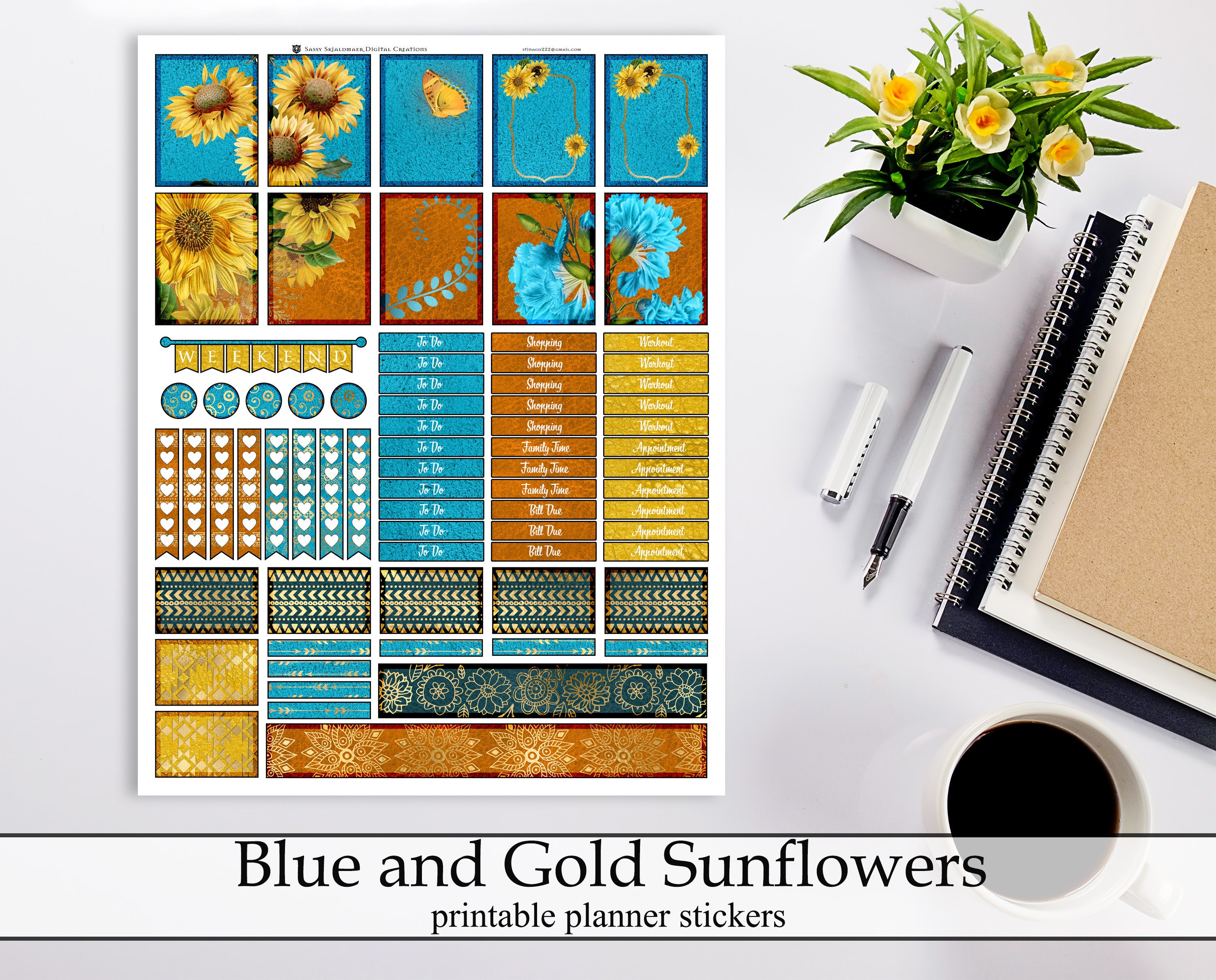 Boho Sunflowers Printable Planner Stickers, Blue Faux Gold Foil Digital ...