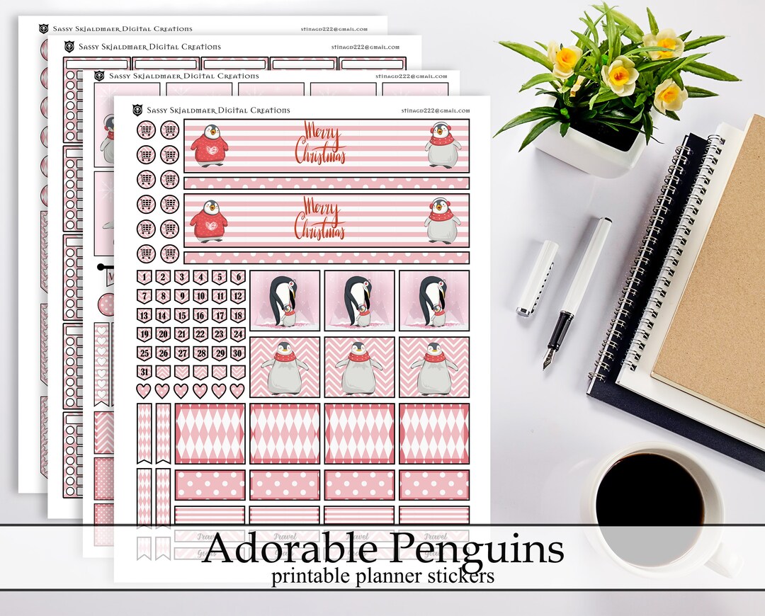 Adorable Christmas Penguins Printable Planner Stickers, Hand Drawn ...