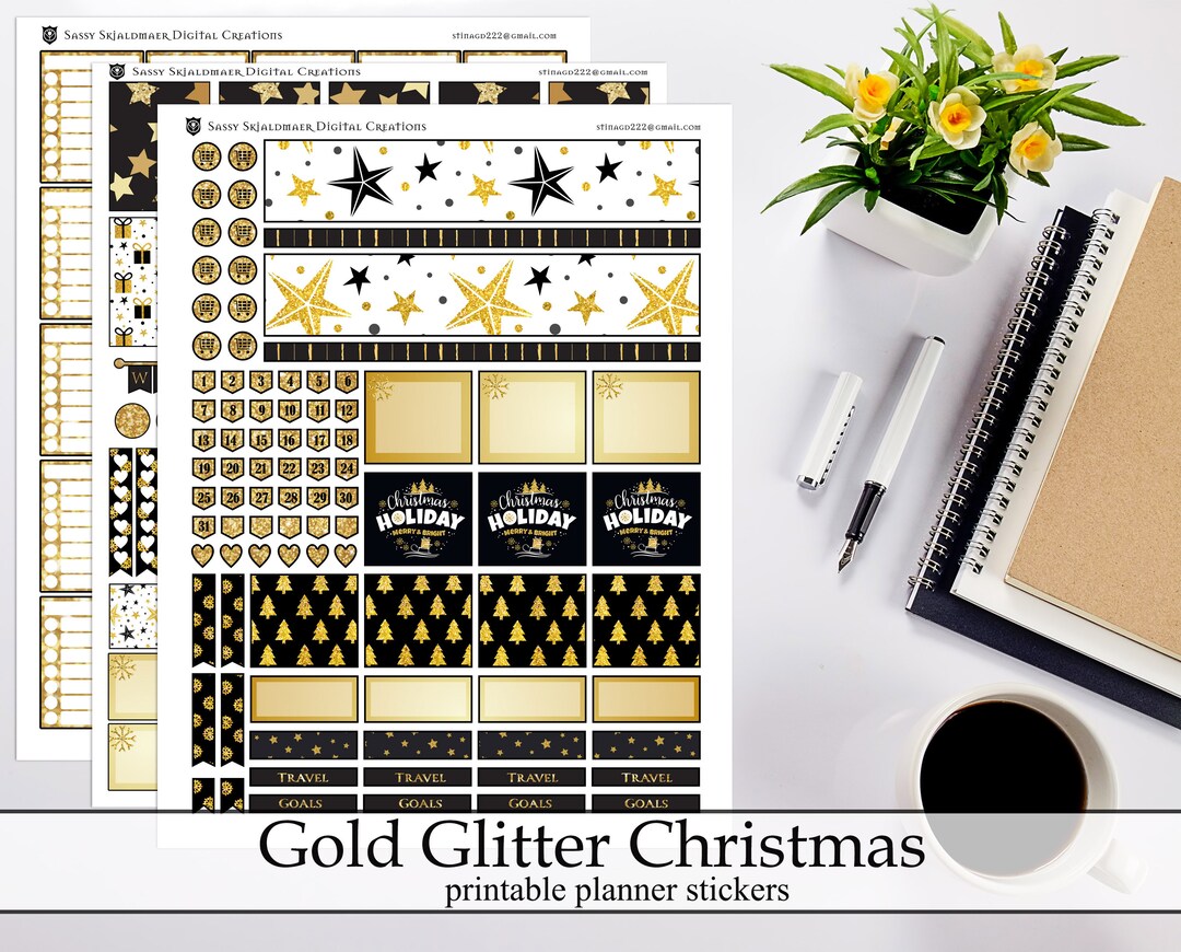 Gold Glitter Christmas New Years Printable Planner Stickers, December ...