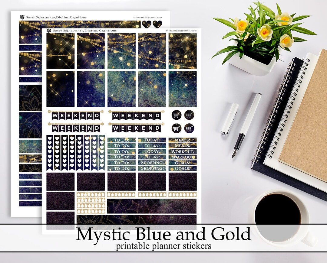 Mystic Blue & Gold Printable Planner Stickers, Beautiful Sparkles Faux ...