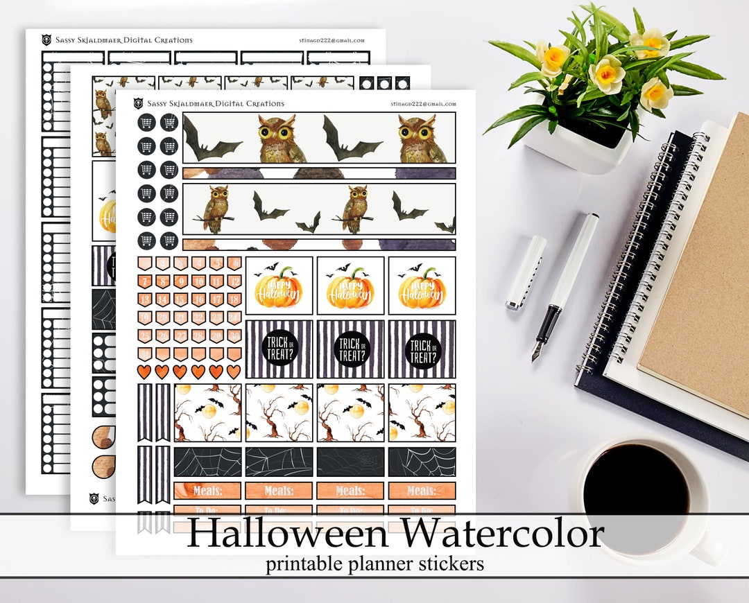 Watercolor Halloween Printable Planner Stickers, Cute Spooky Halloween ...