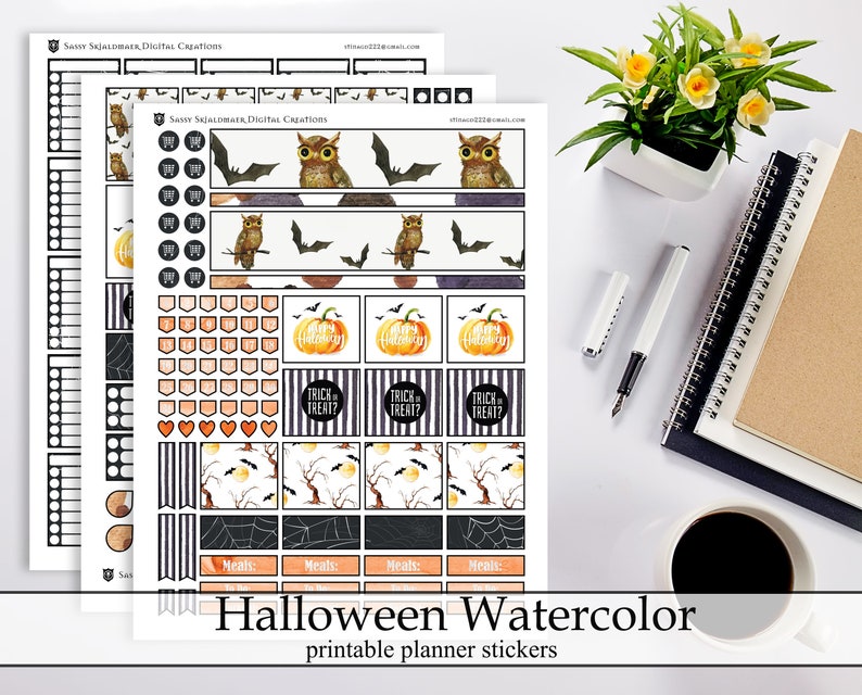 Watercolor Halloween Printable Planner Stickers, Cute Spooky Halloween ...