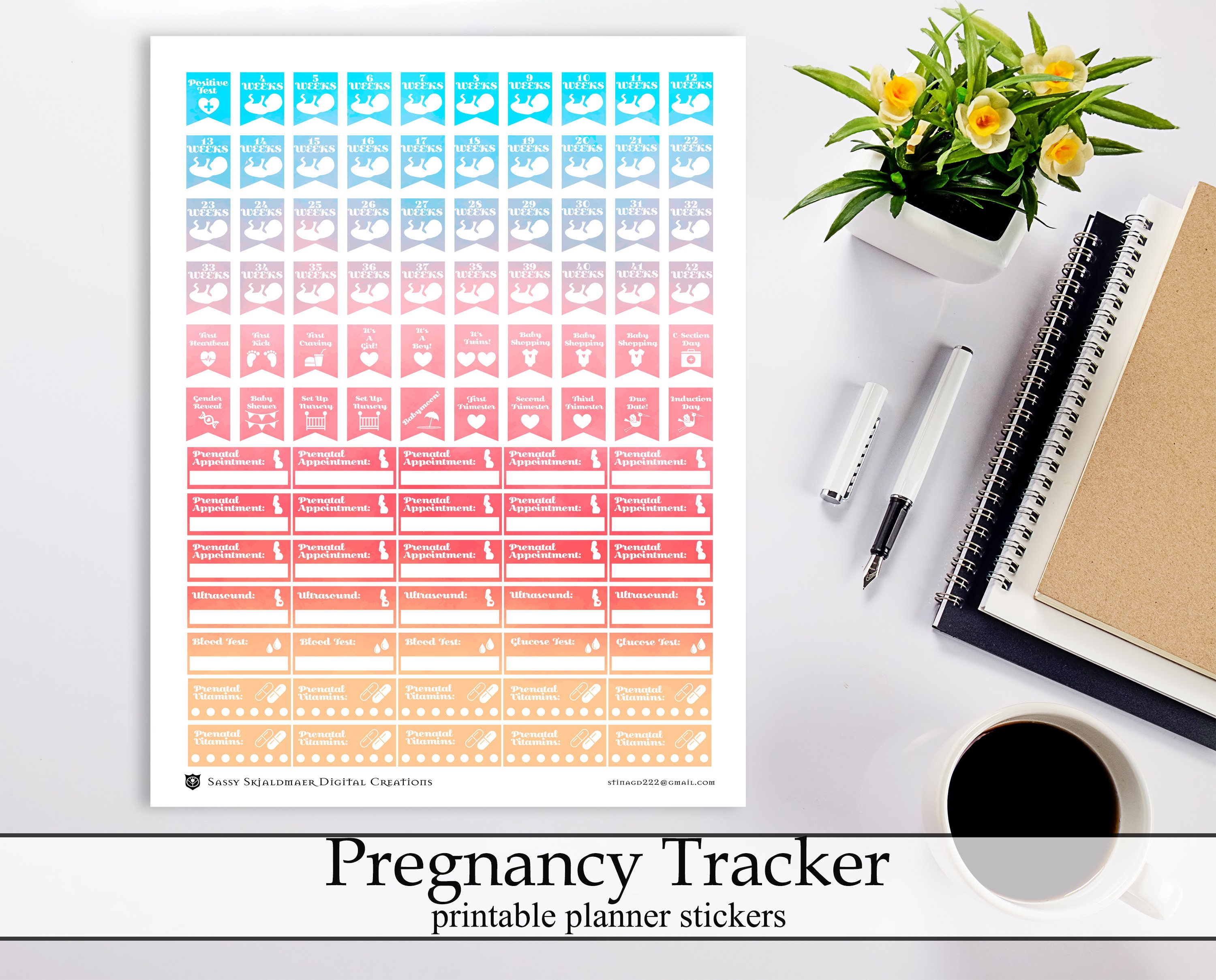 Watercolor Pregnancy Tracker Printable Planner Stickers, Gestation ...